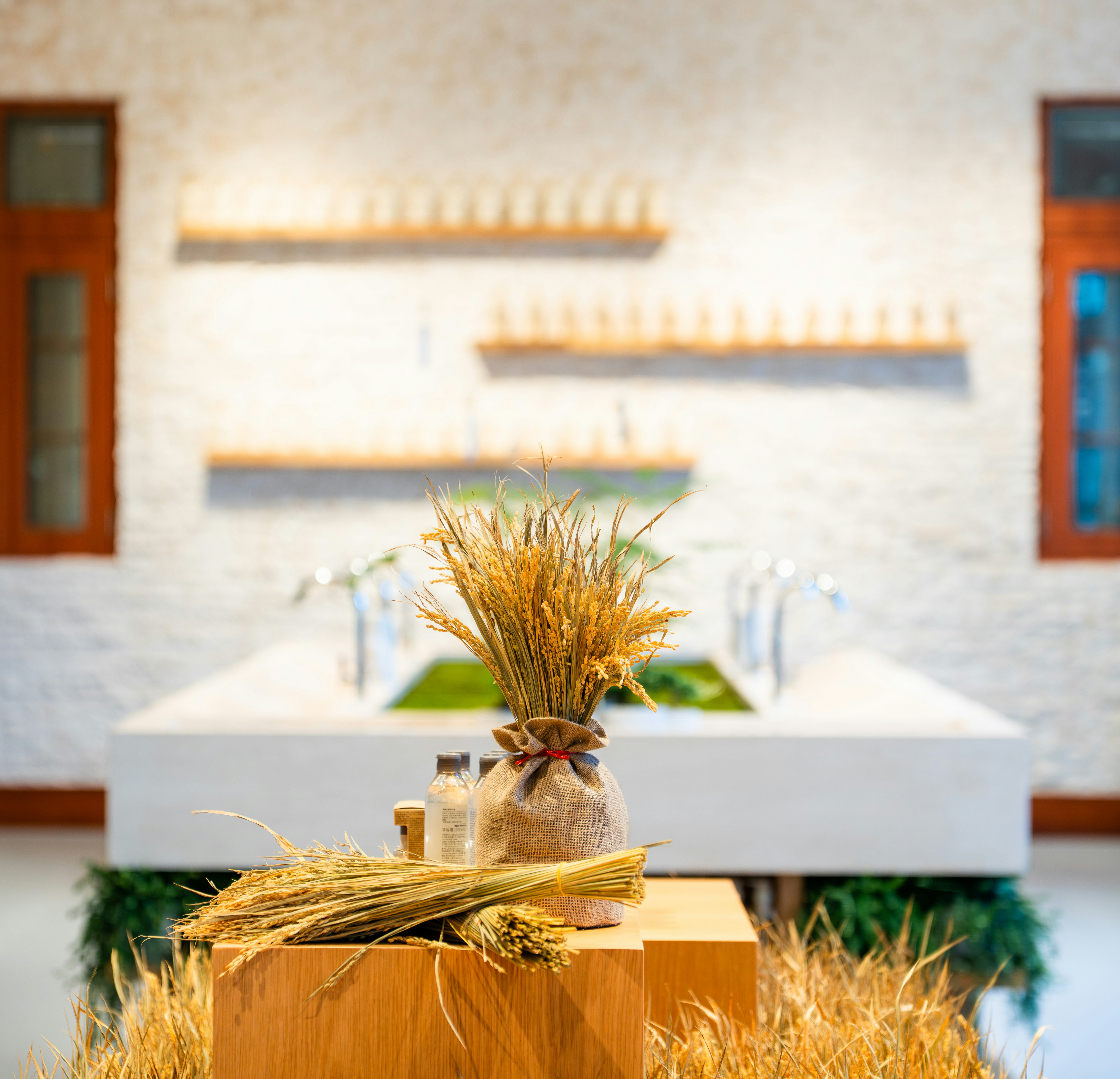 Harvested Grain Centerpiece in a Minimal Indoor Courtyard
