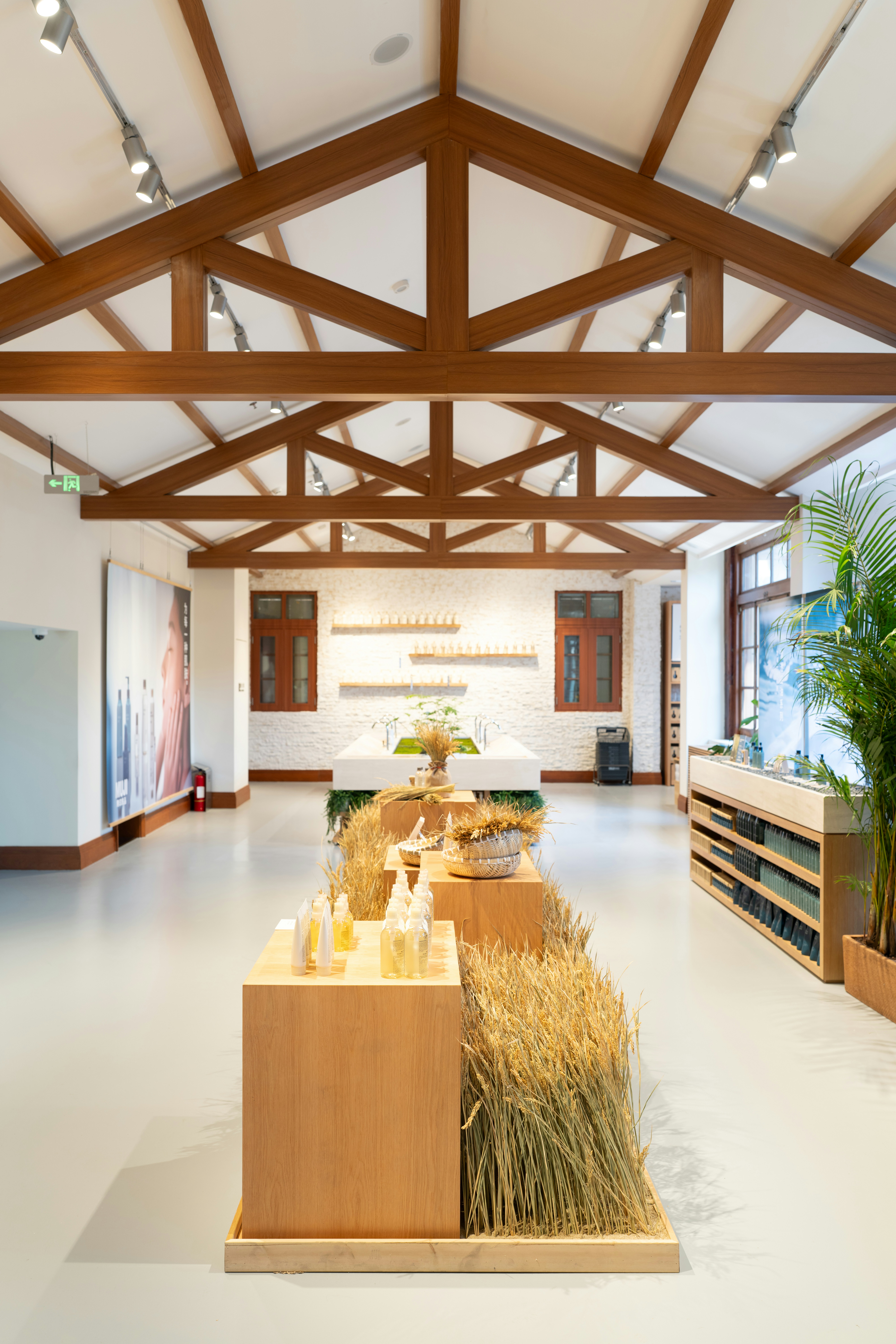 Sunlit Atrium with Wooden Truss Ceiling and Central Exhibit Runway