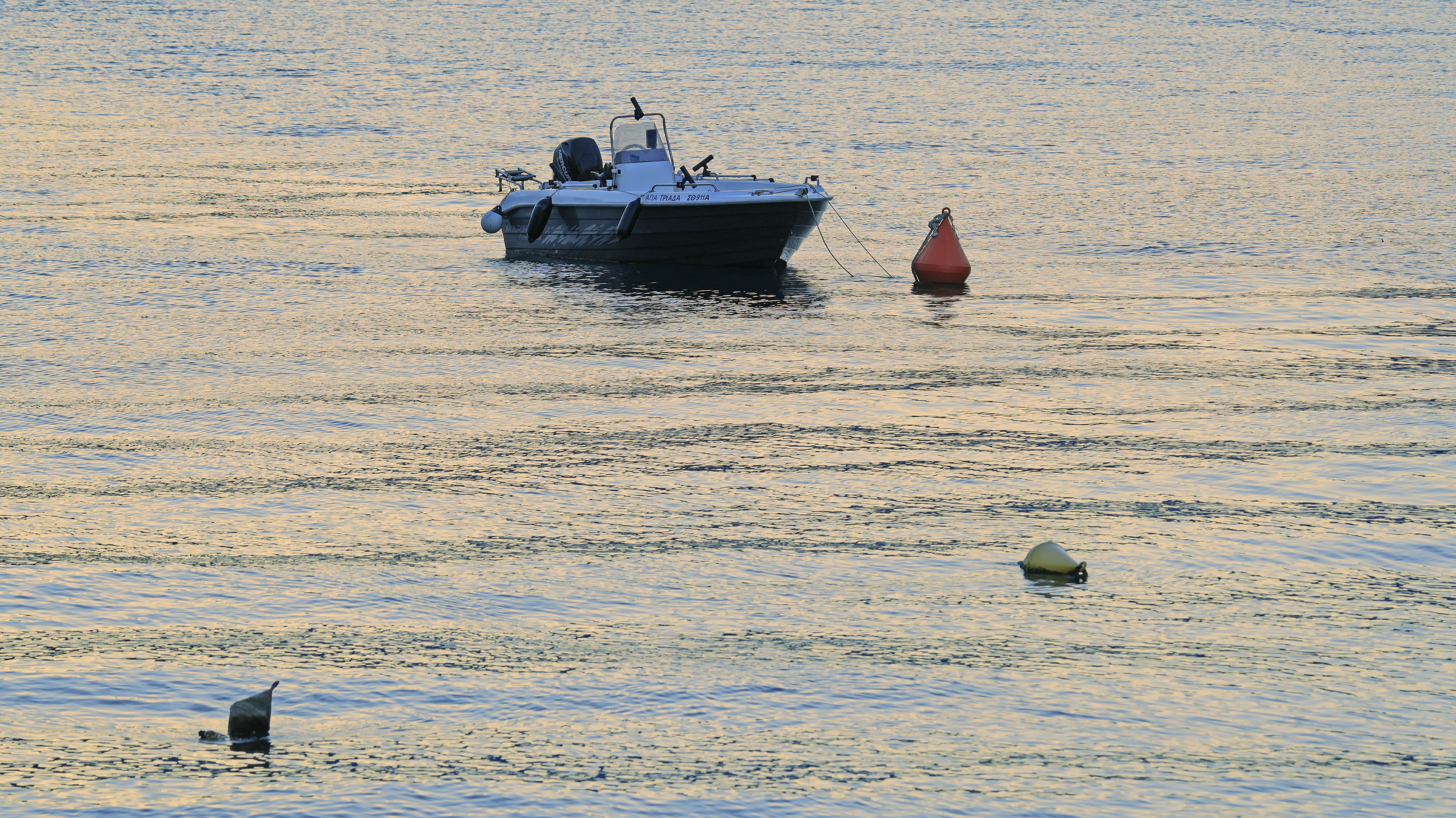 Boat anchored near colorful buoys at golden-hour harbor