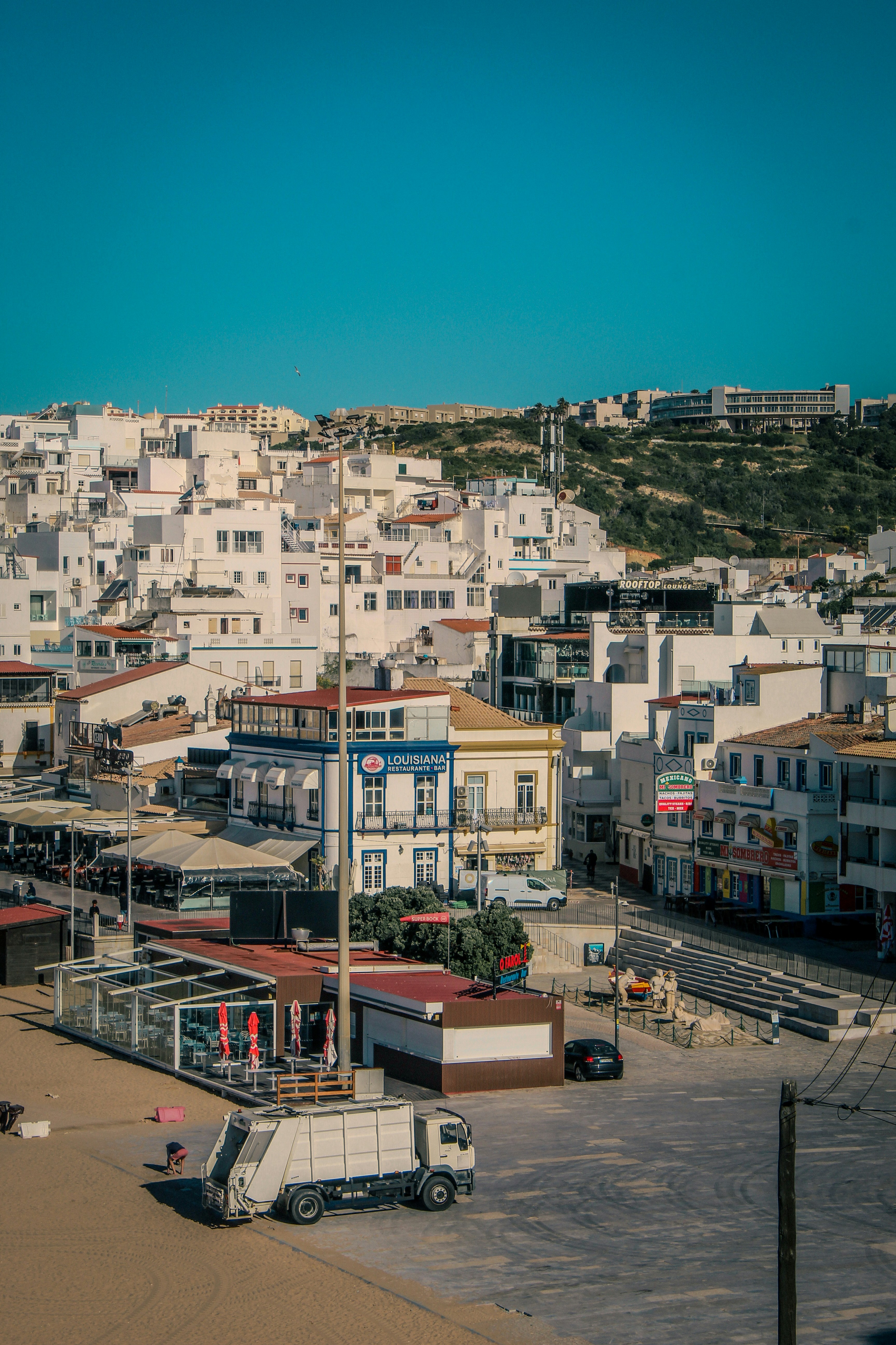 Coastal Townscape under a Clear Blue Sky