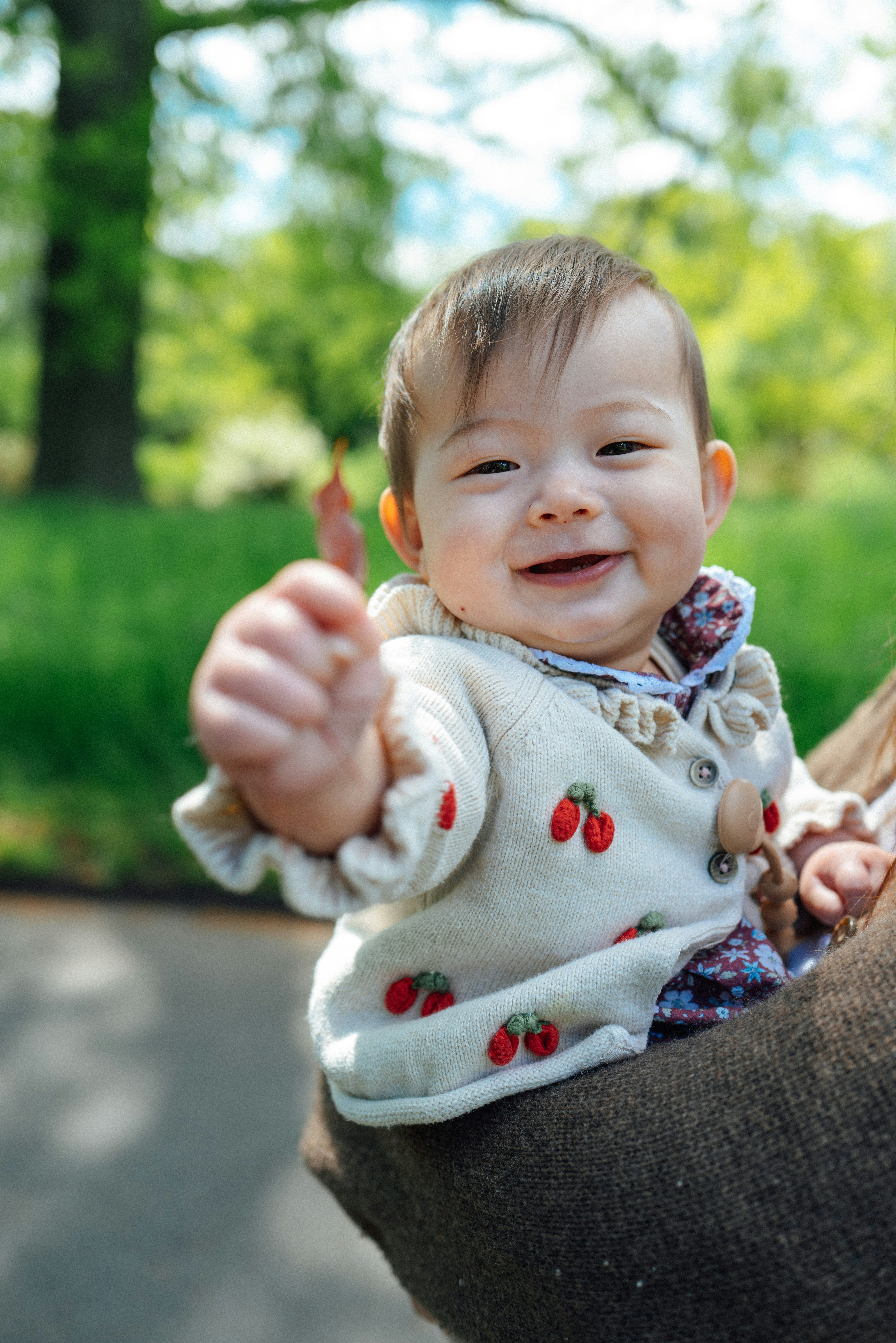 Smiling Reach: A Baby’s Outstretched Moment in the Park
