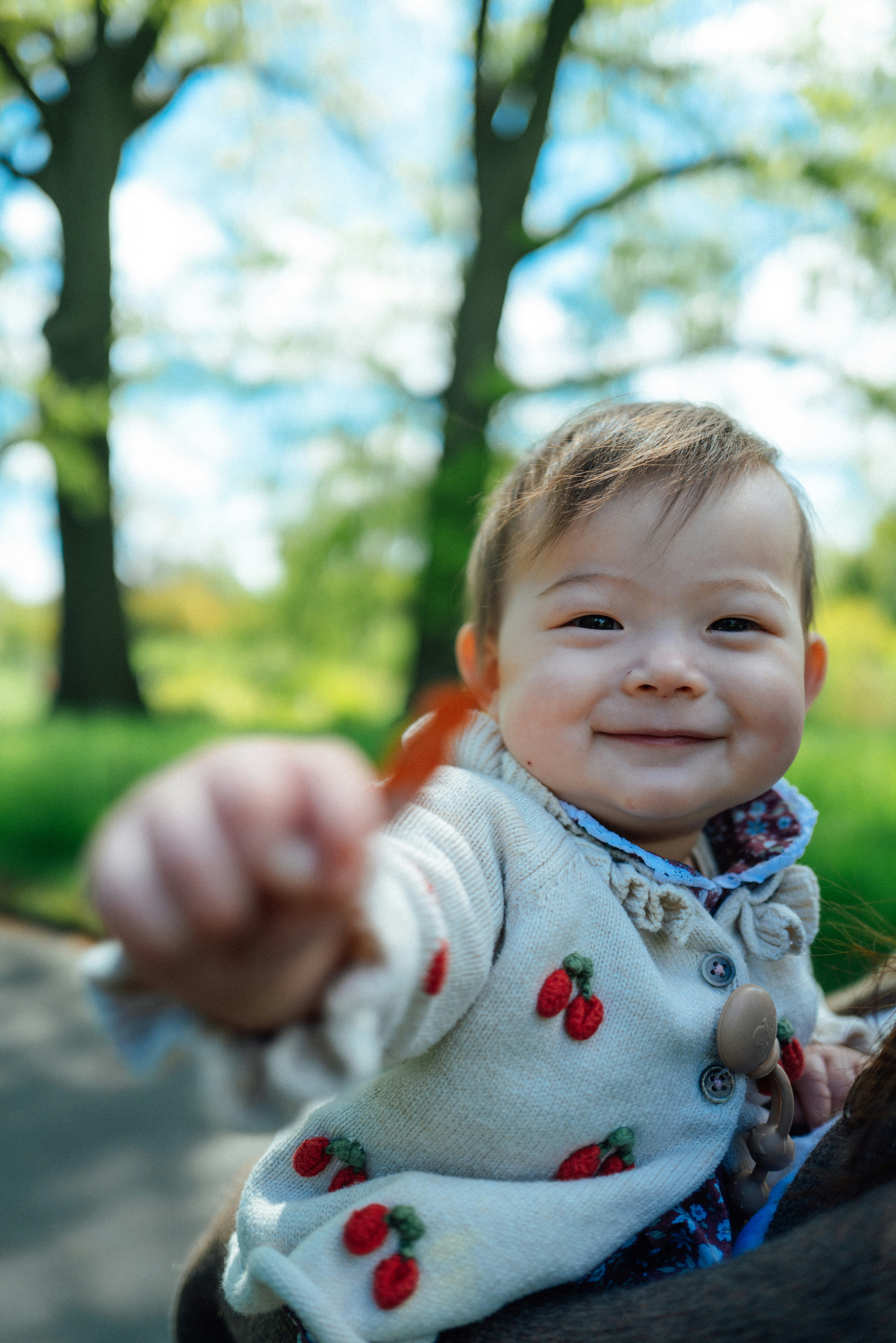 Joyful Gaze: A Baby Reaches Forward in Sunlit Park