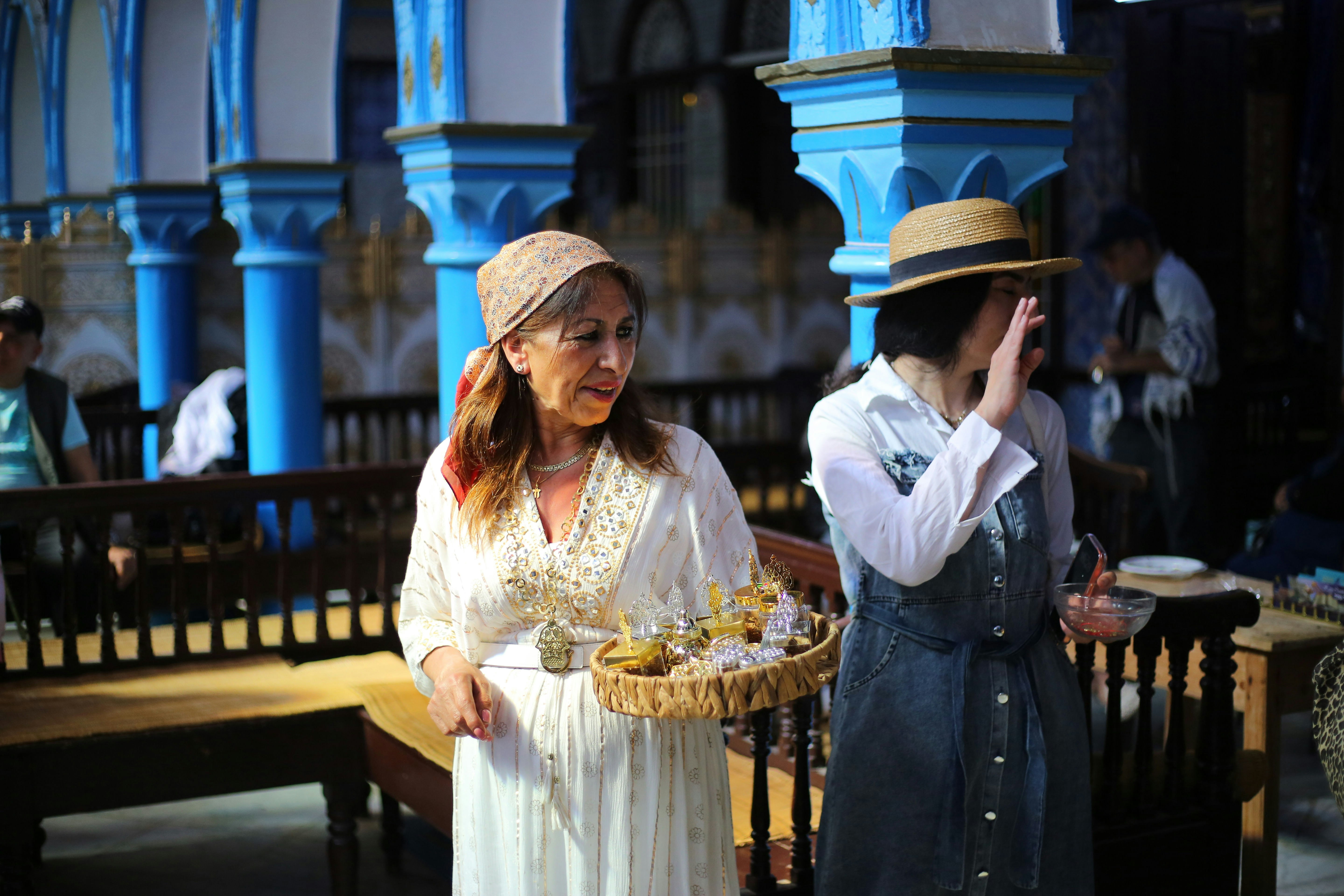 Elegance at the Market: A Lady in Cream and Lace with a Basket of Treats