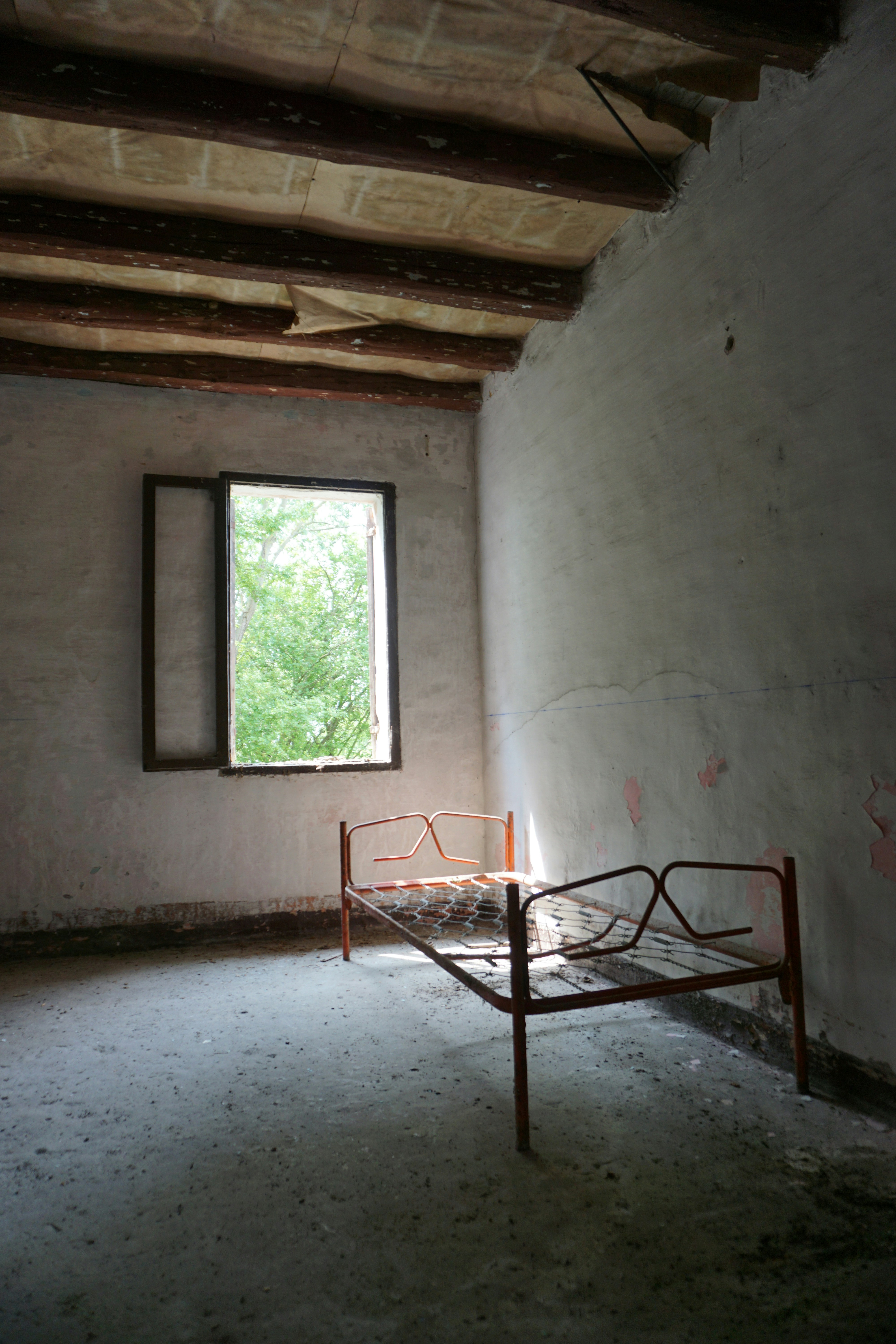 Abandoned Bedroom at Dusk: Rusted Frames, Open Window, and a Hint of Green