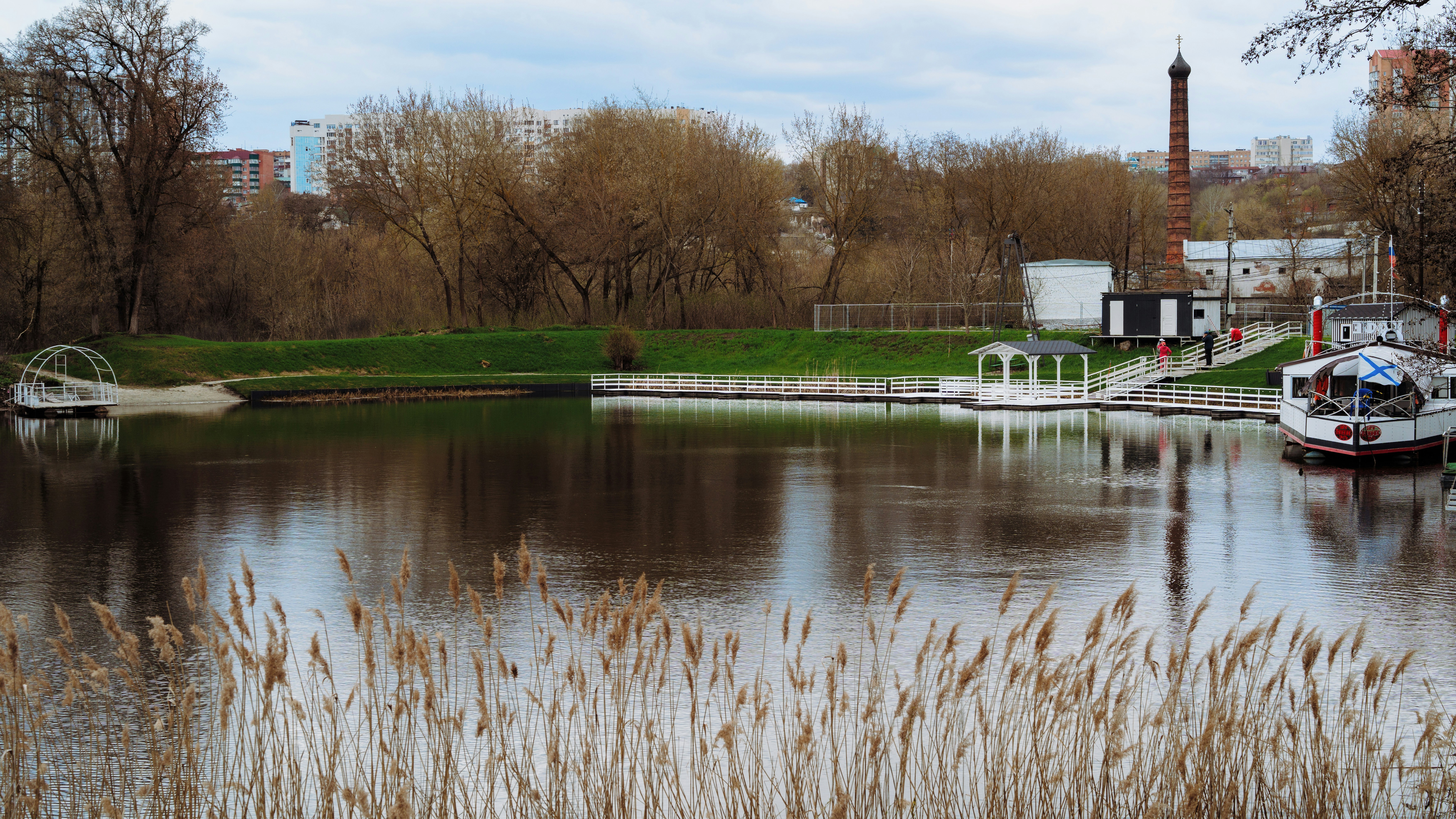 Calm lake with reeds and buildings in background