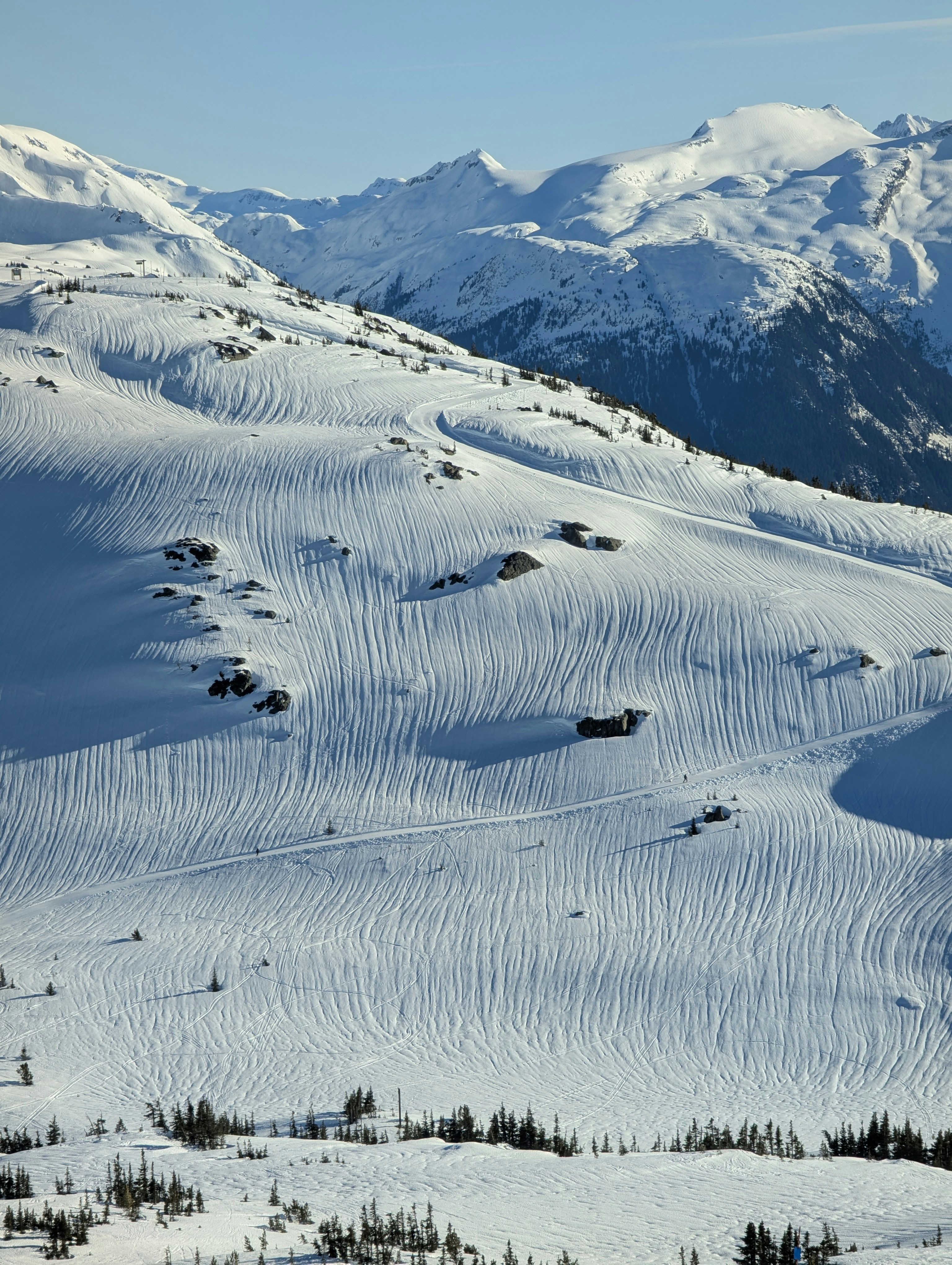 Snowy mountain slope with ski tracks and distant peaks