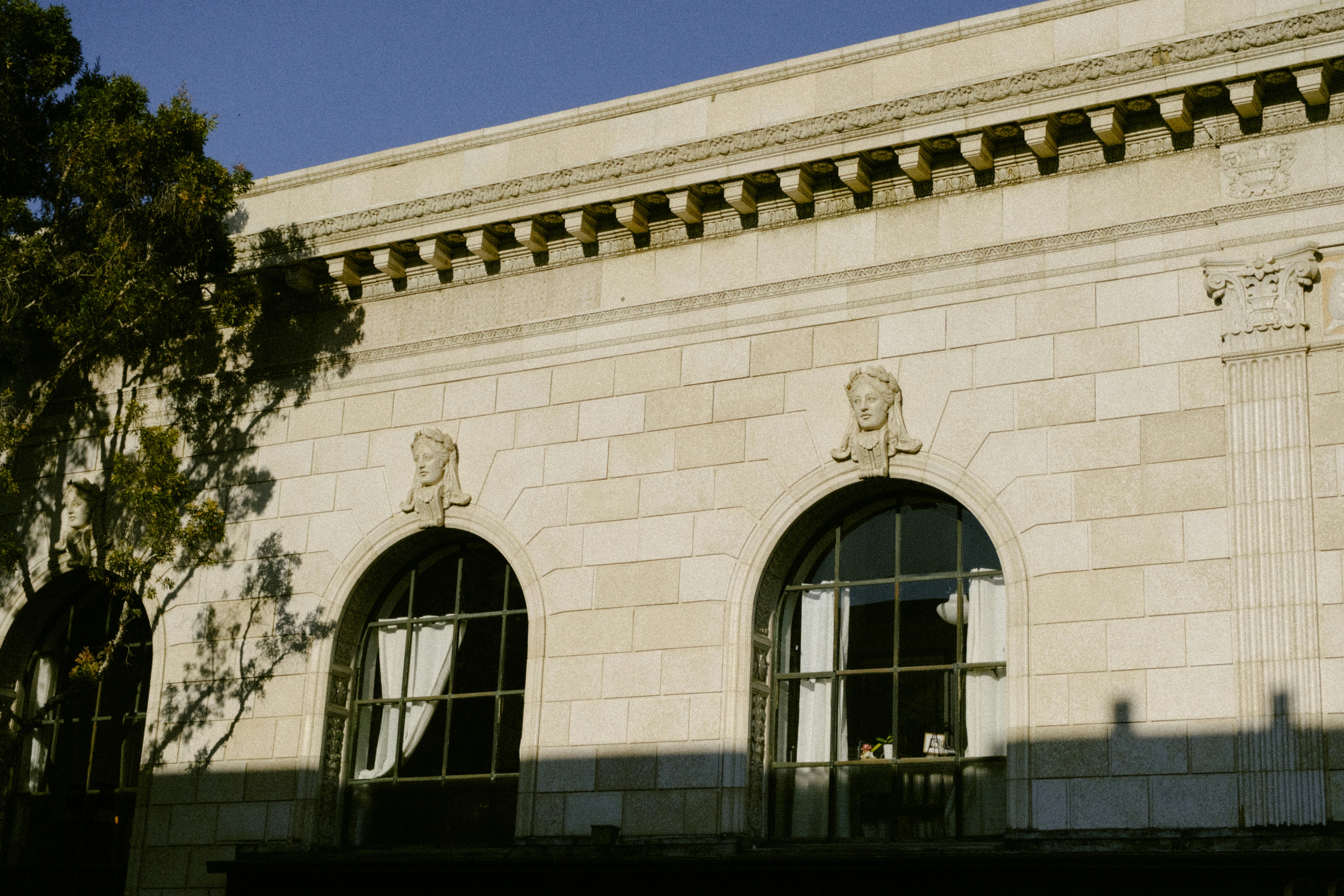 Sunlit Facade Portrait: Classical Reliefs and Arched Windows