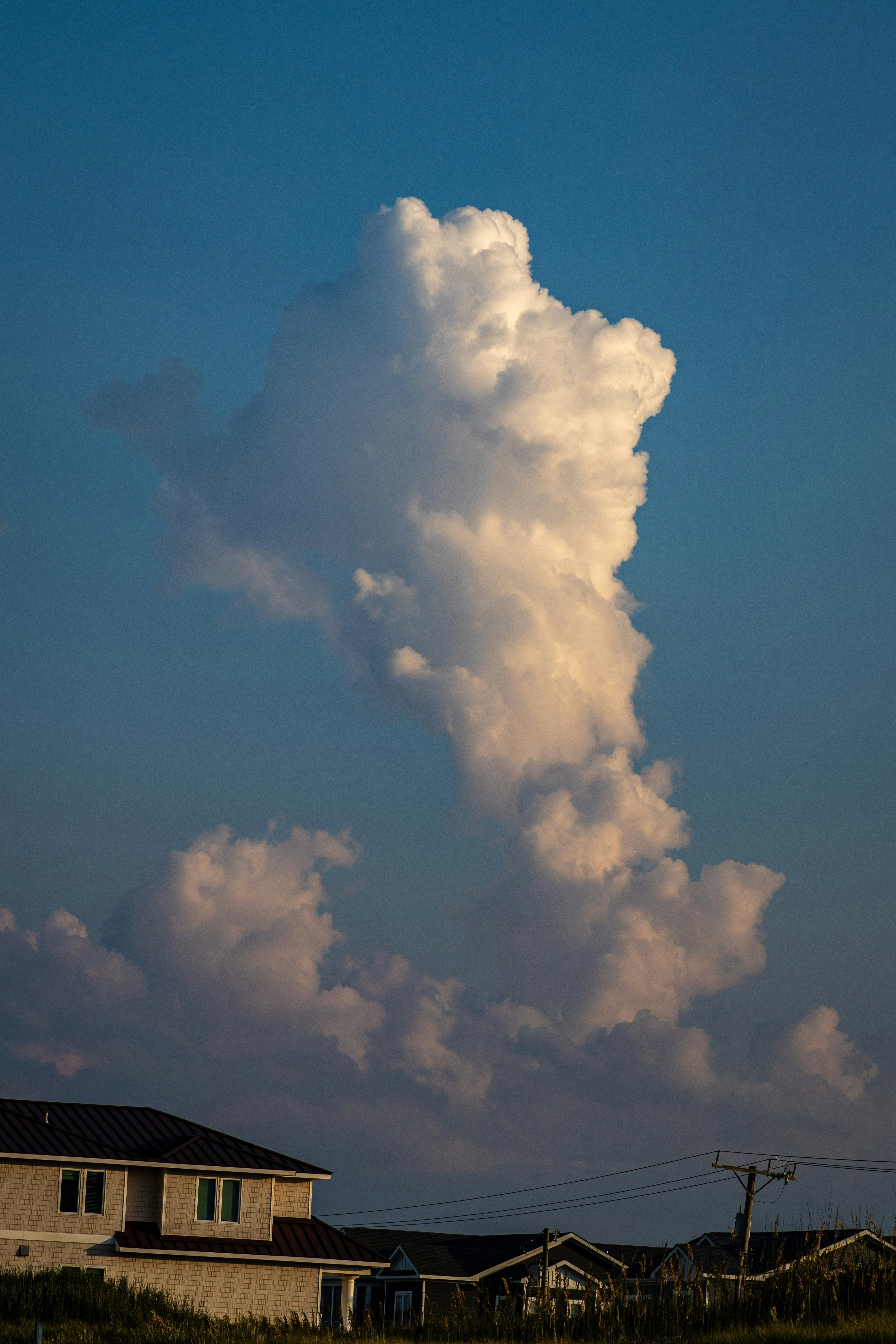 Towering Cloud chimney over a quiet suburban horizon