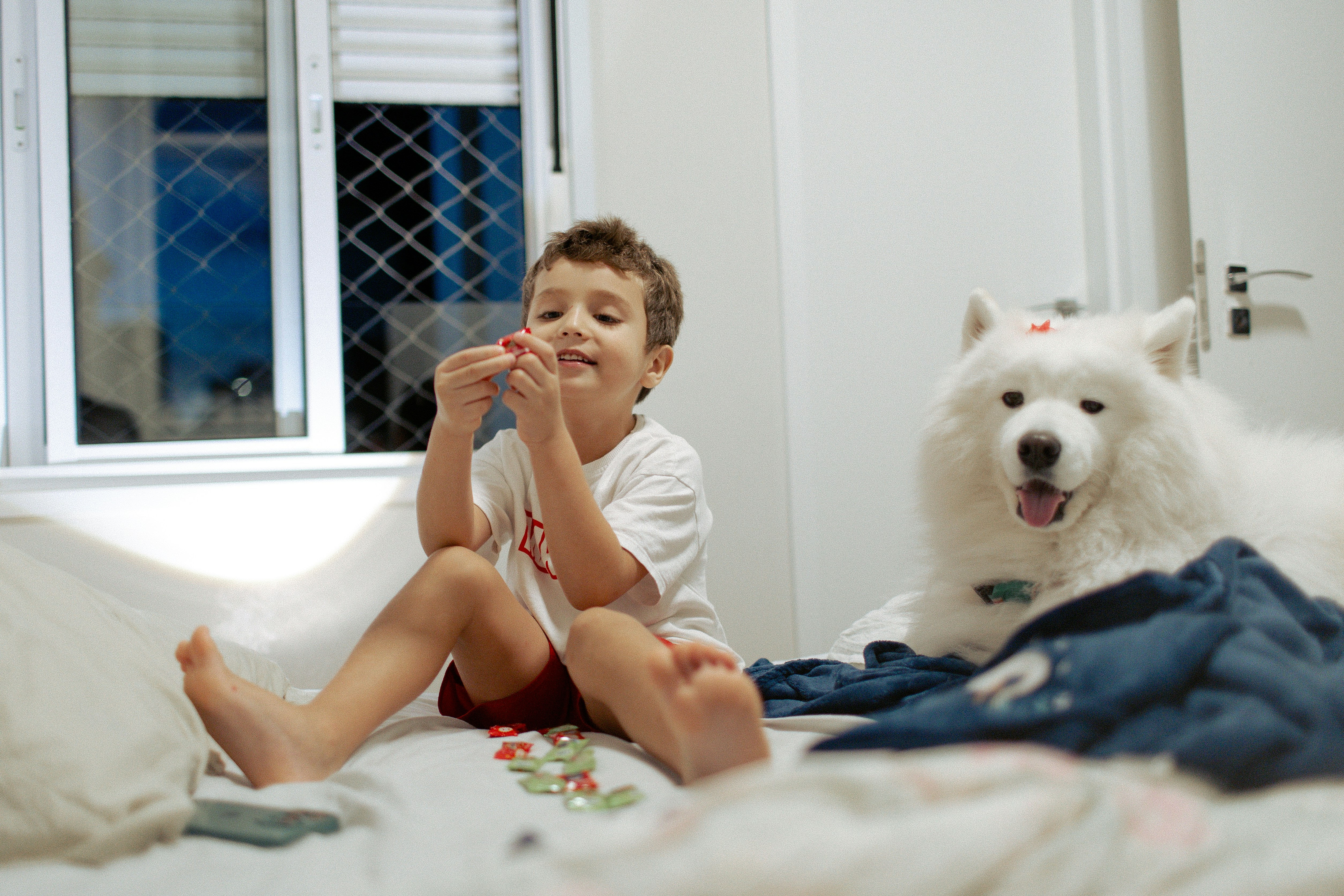 Playful Pause: A Child and a Loyal Companion in a Cozy Bedroom Moment