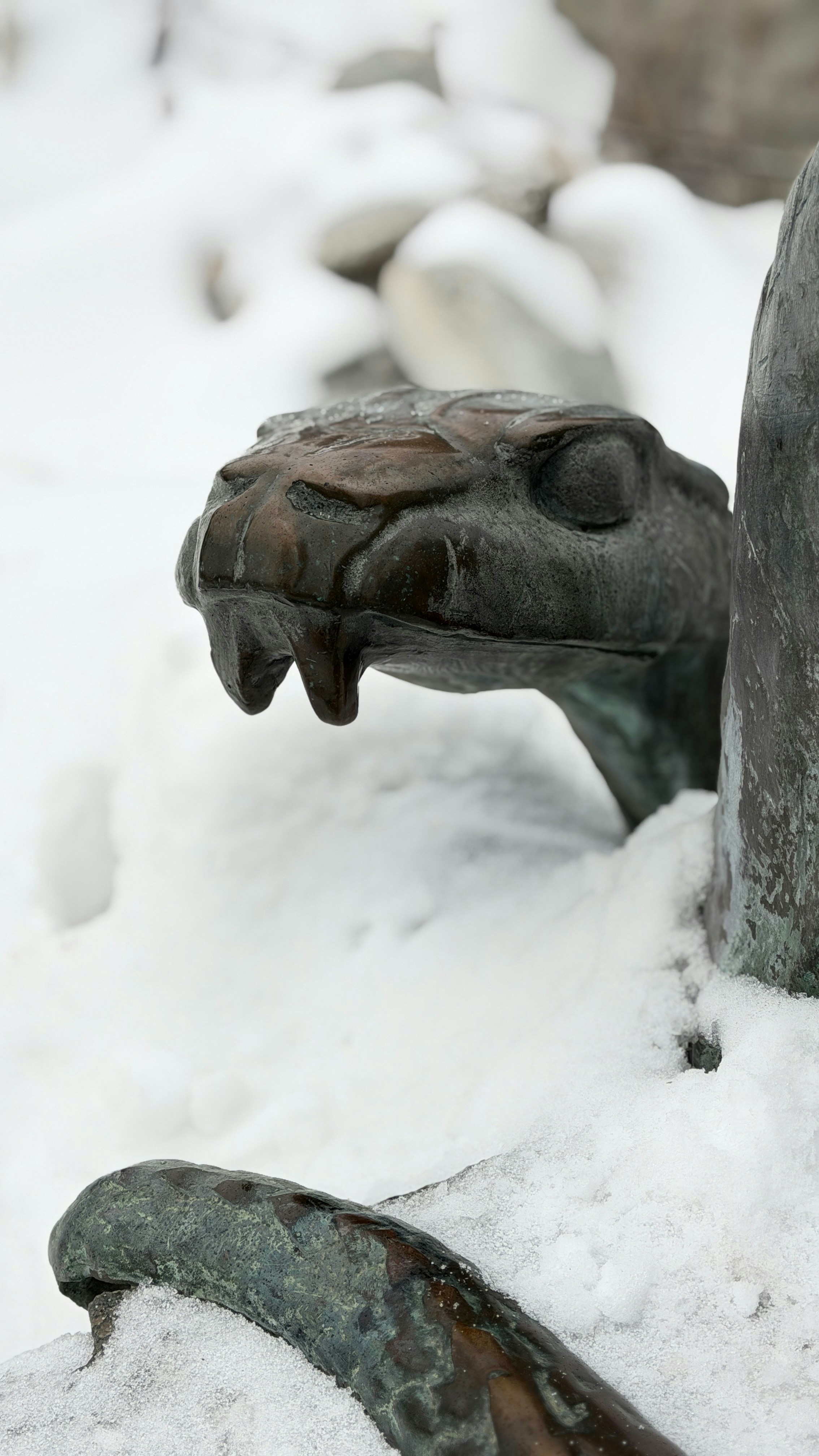 Dragon’s Head in Snow: Bronze Detail Emerging from White Veil