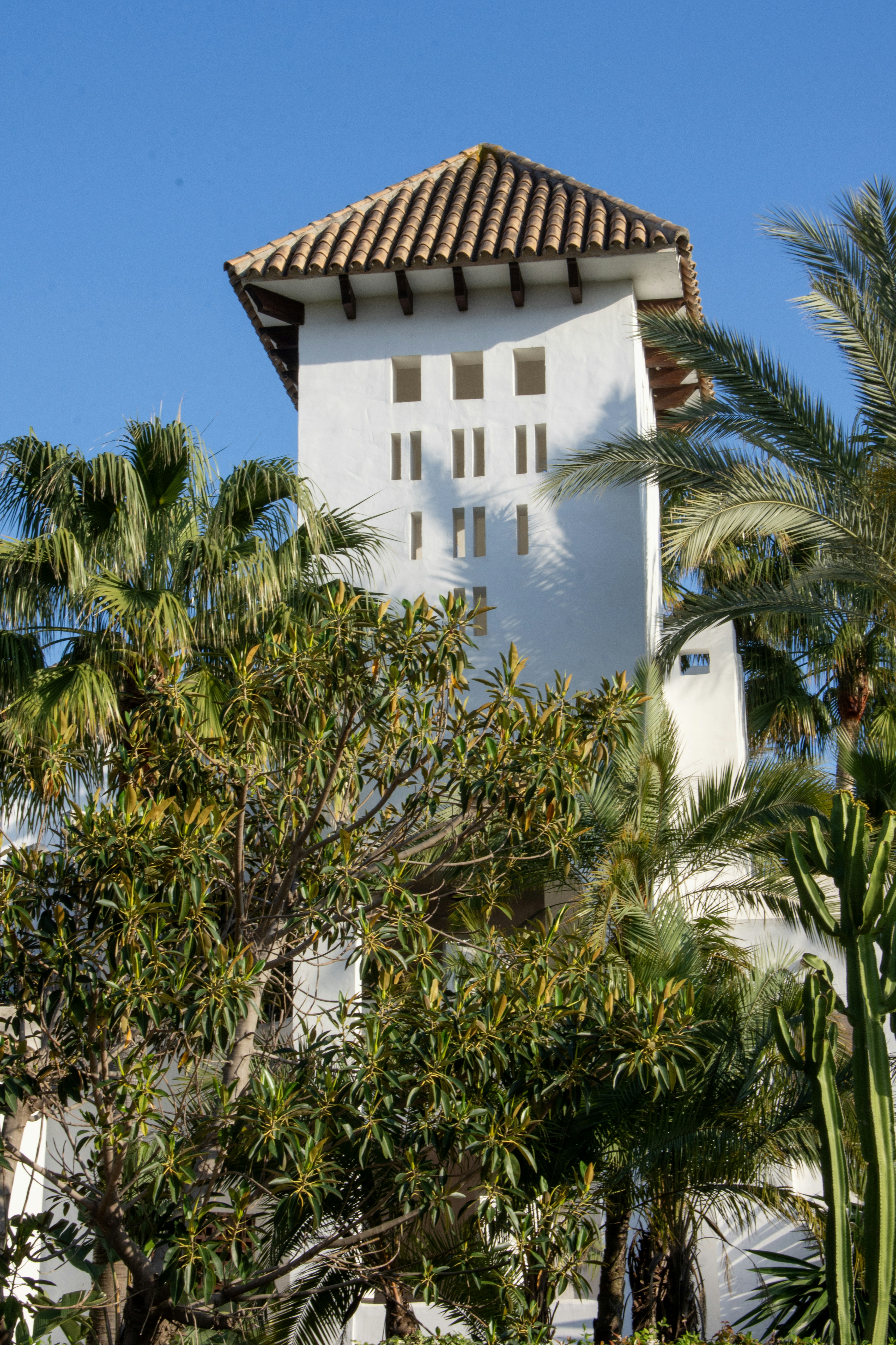 White tower amid tropical palms under a clear blue sky