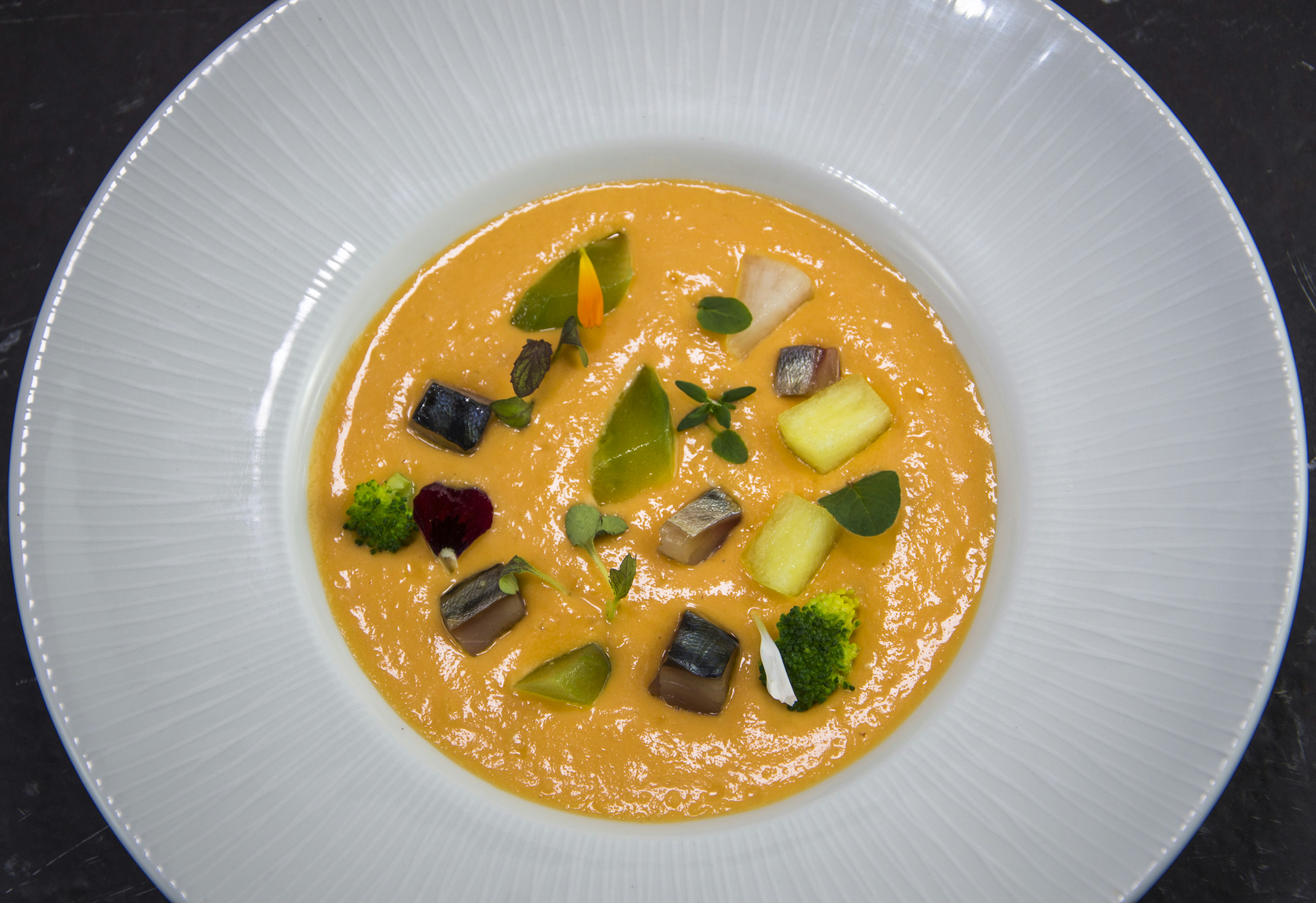 Silken Orange Soup with Garden Jewels