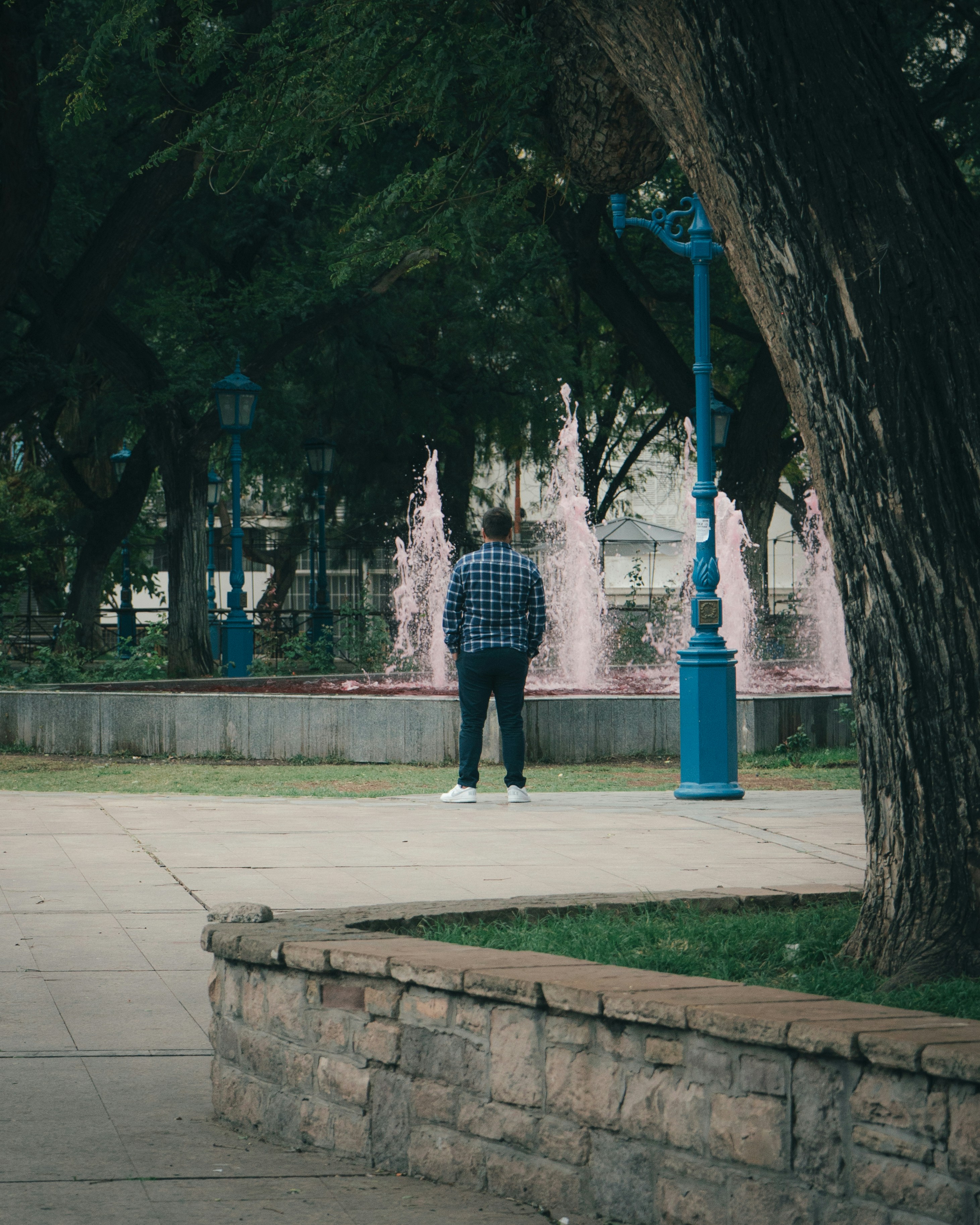 In the Fountain’s Frame: A Quiet Moment Met by Blue Statues and Shadowed Trees
