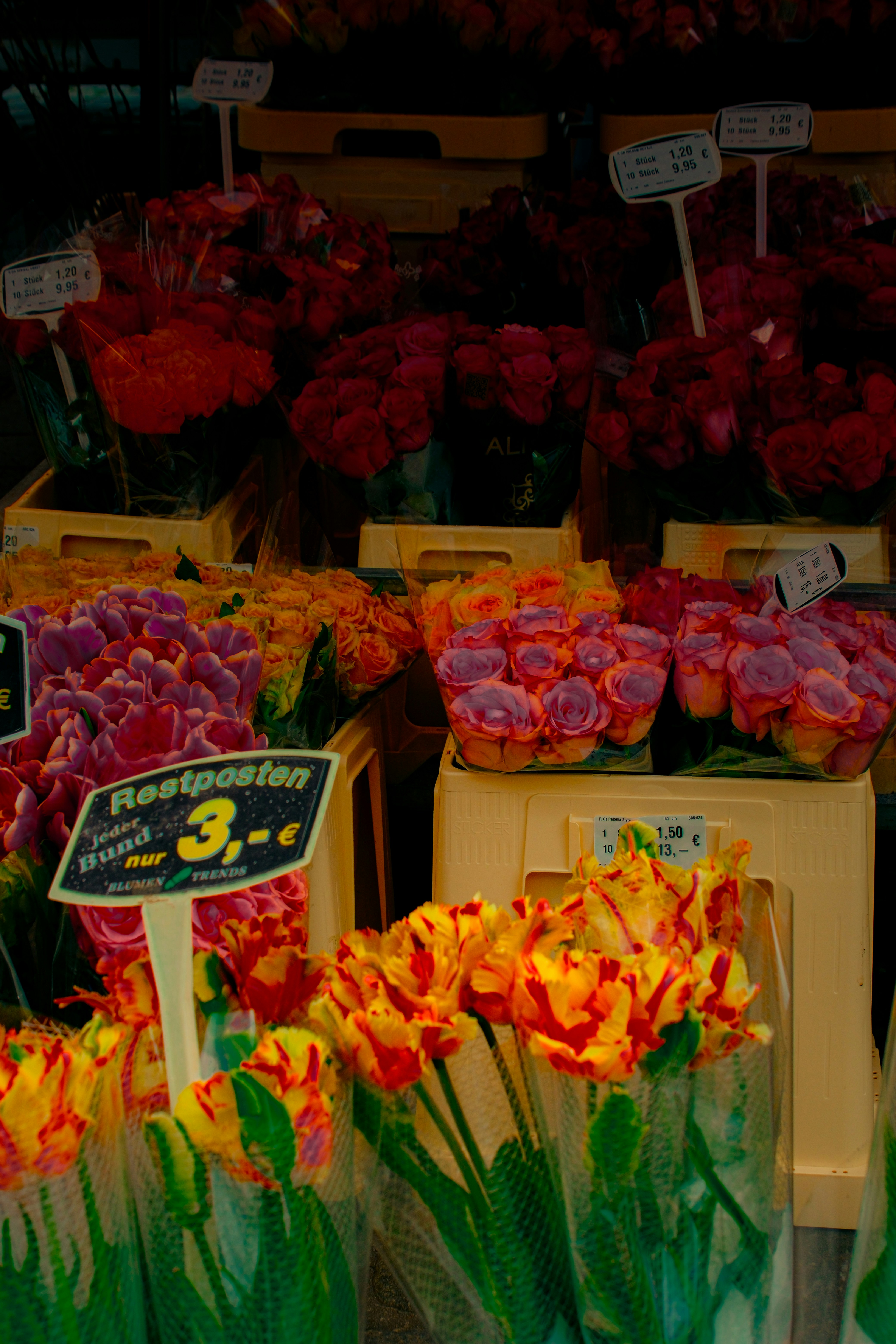 Vibrant Market Bouquets Under Warm Lights
