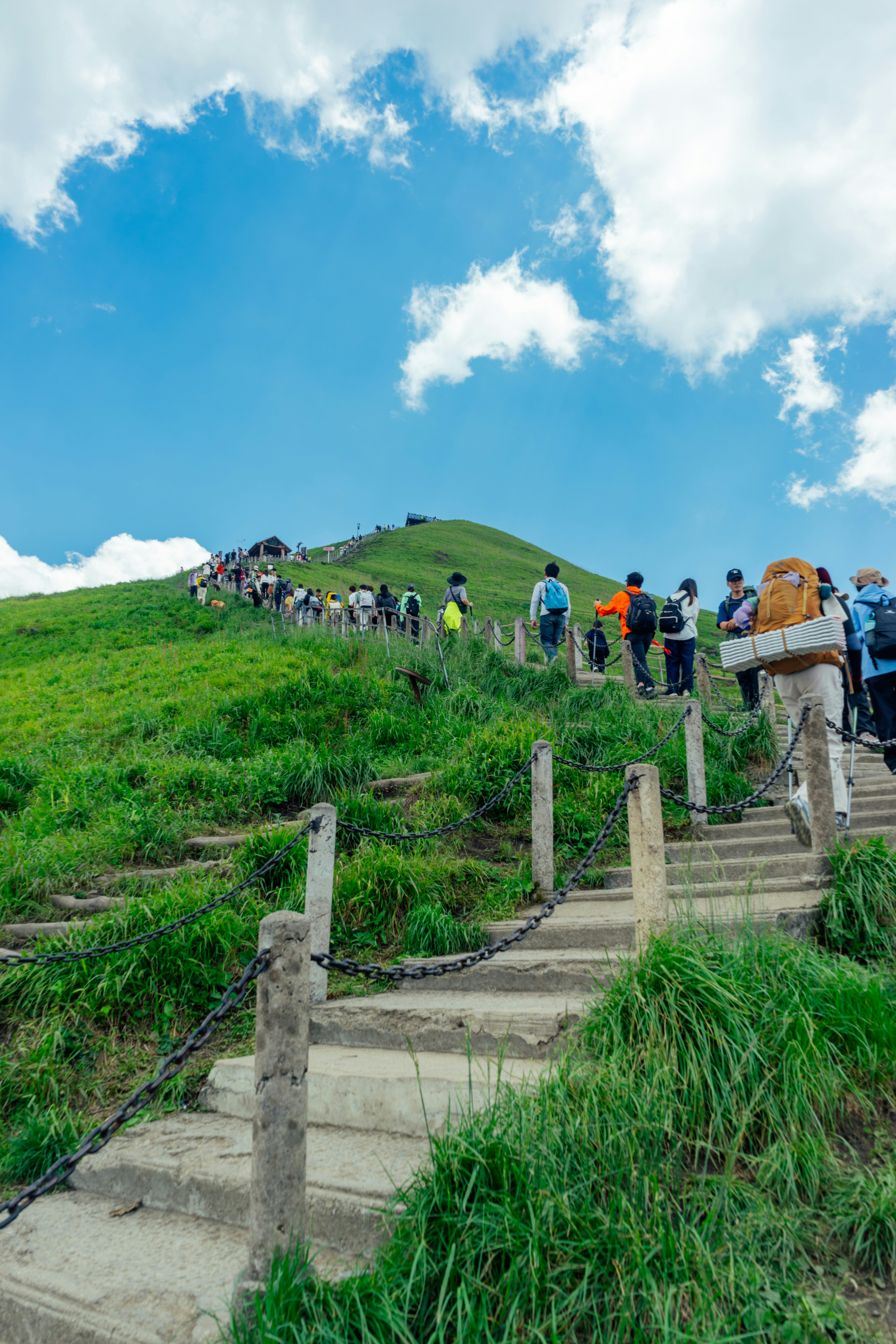 Hiker Train Uphill: A Line of Travelers Climbing a Green Ridge