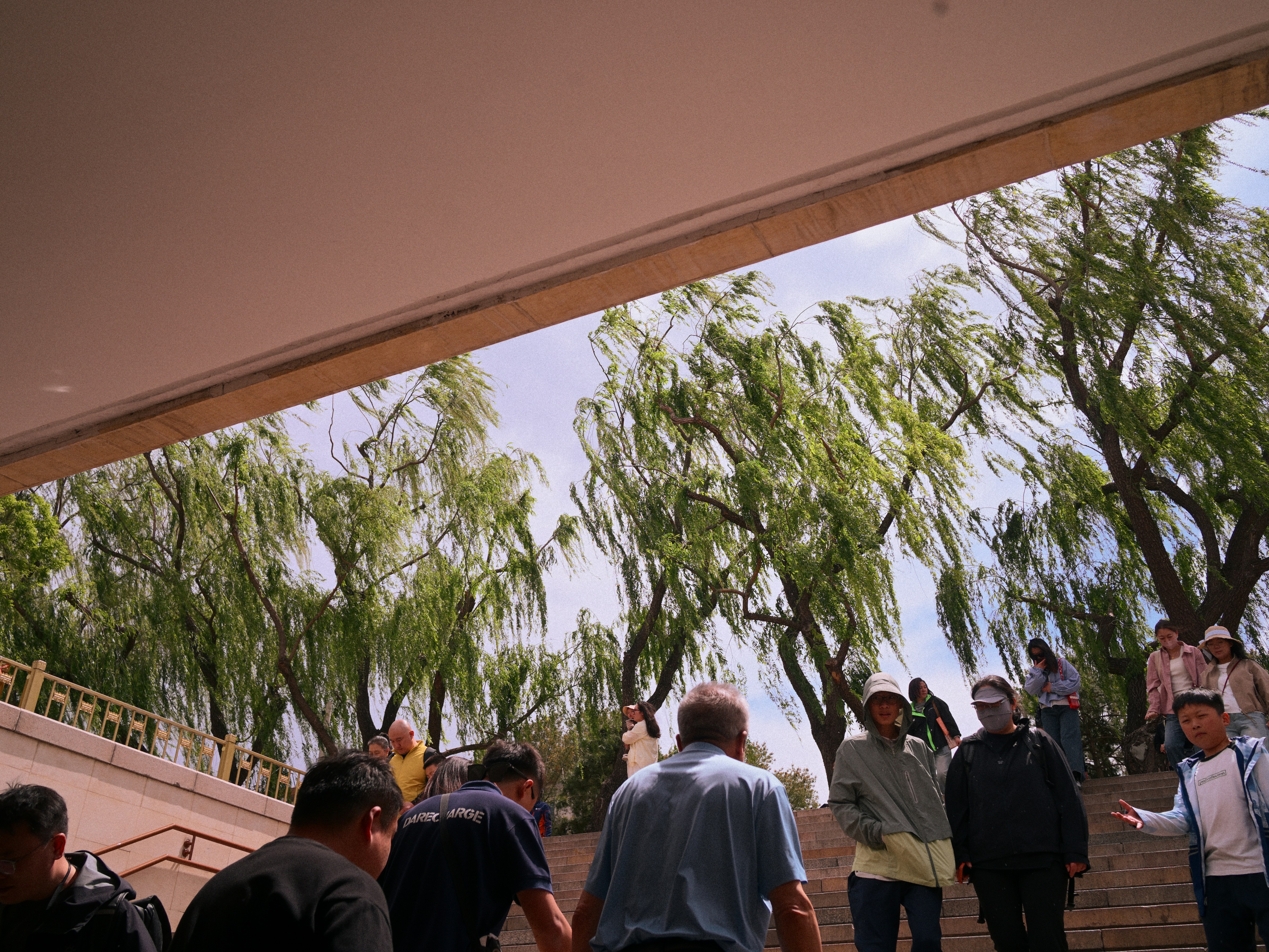 Crowd on an Auditorium Terrace under Draped Canopy