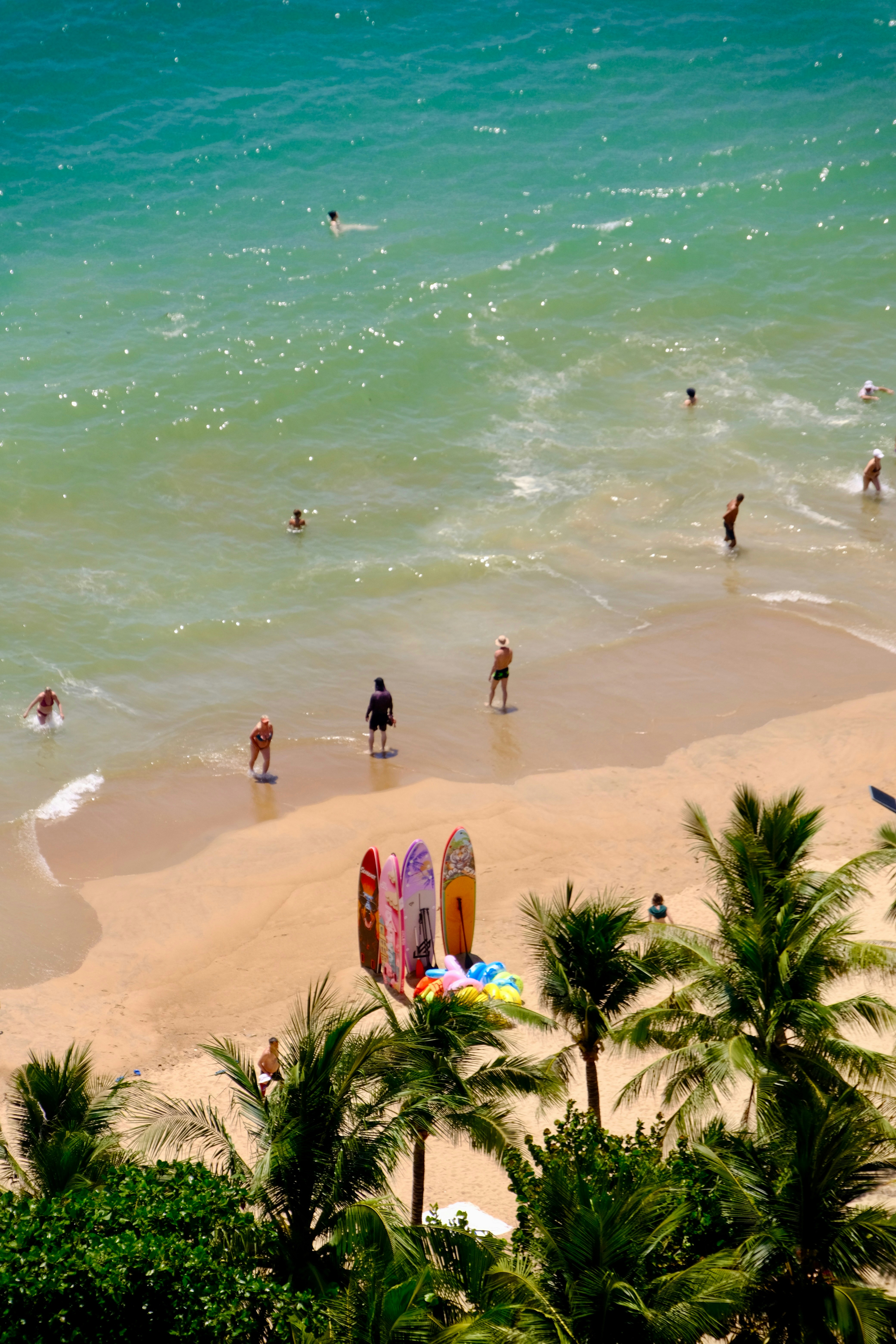 Sunlit Surf and Surfboards: A Beach Day from Above