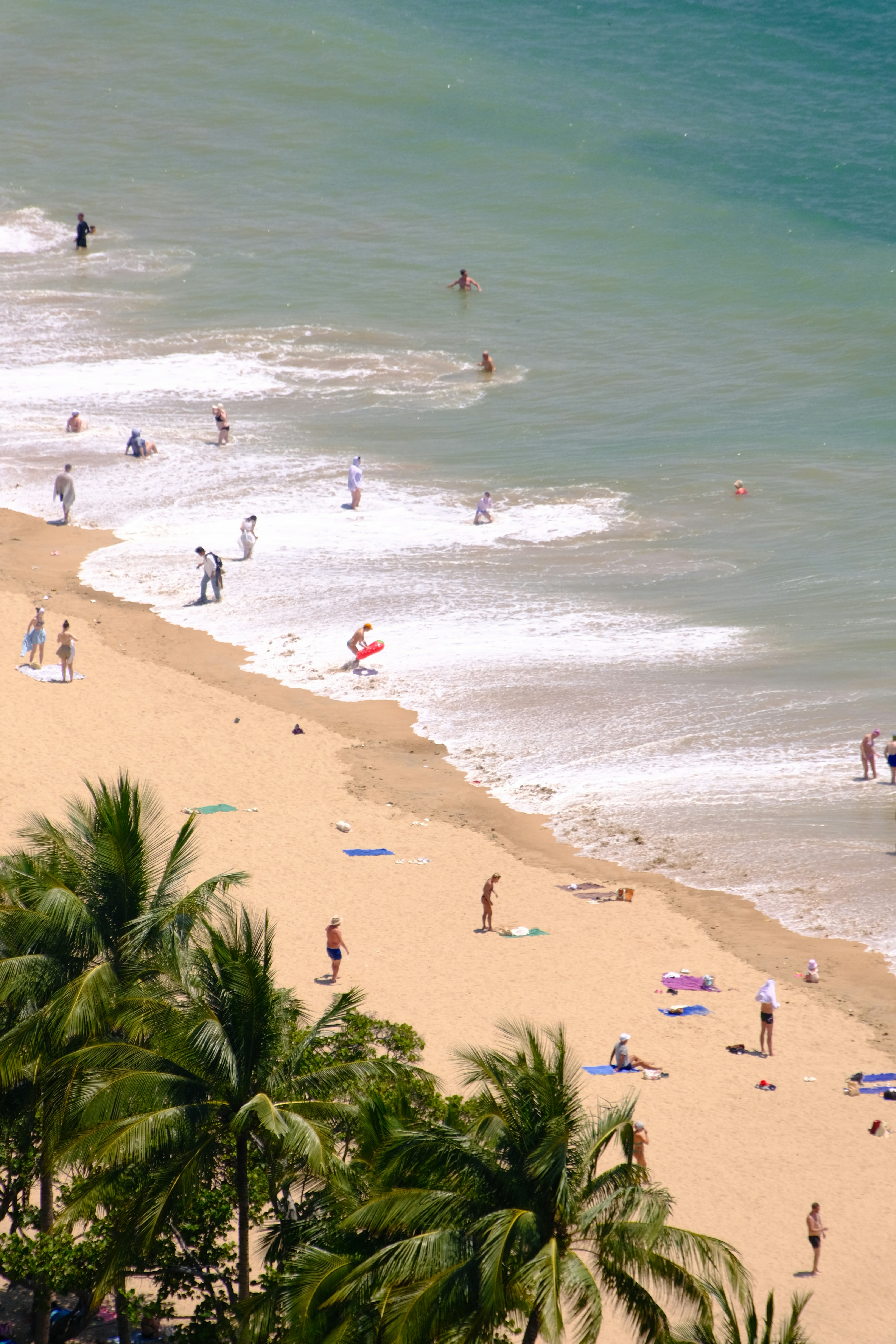 Sunlit Beachgoers Gather along a Curving Shoreline
