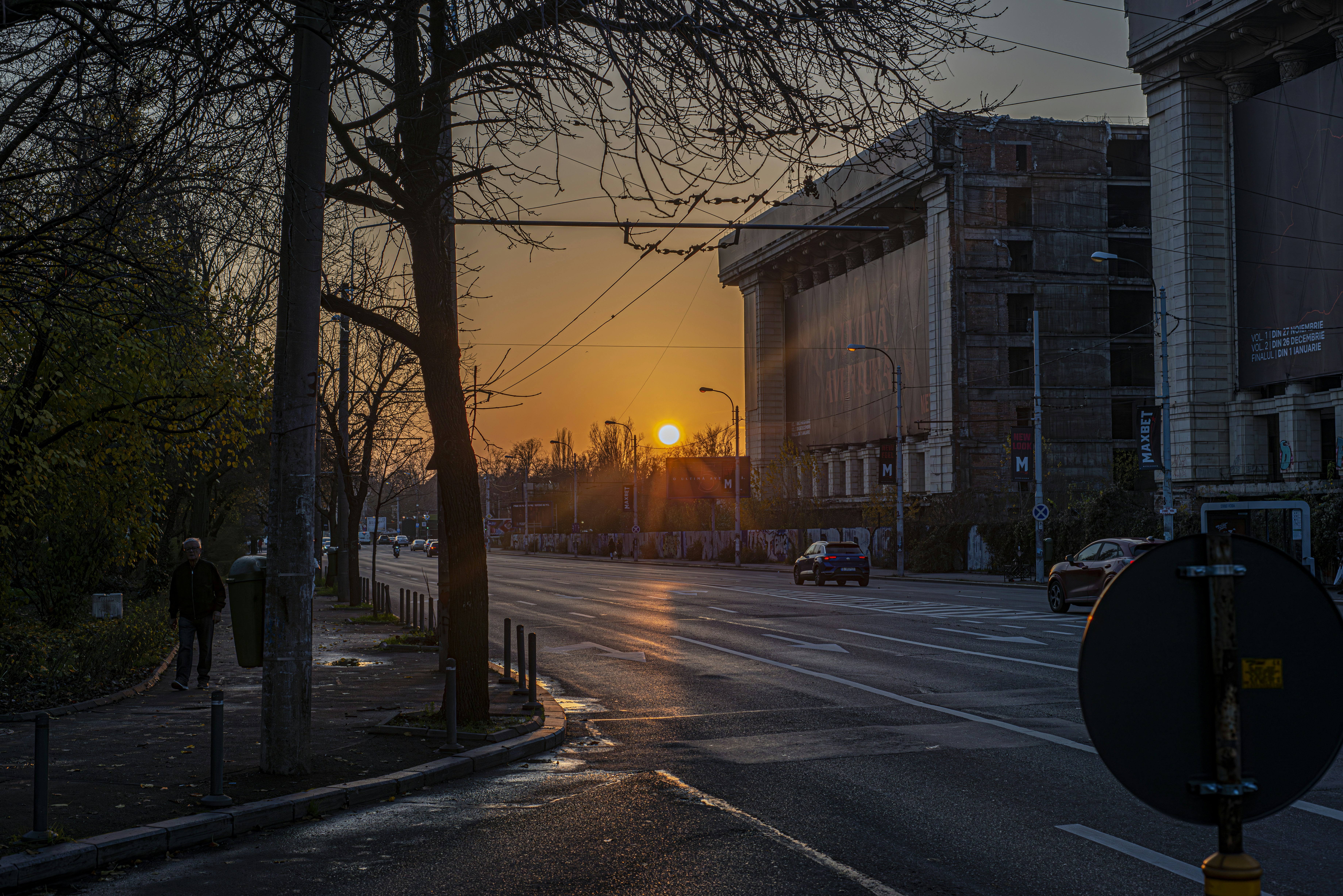 Sunset Over an Urban Street: A Quiet Moment at Dusk