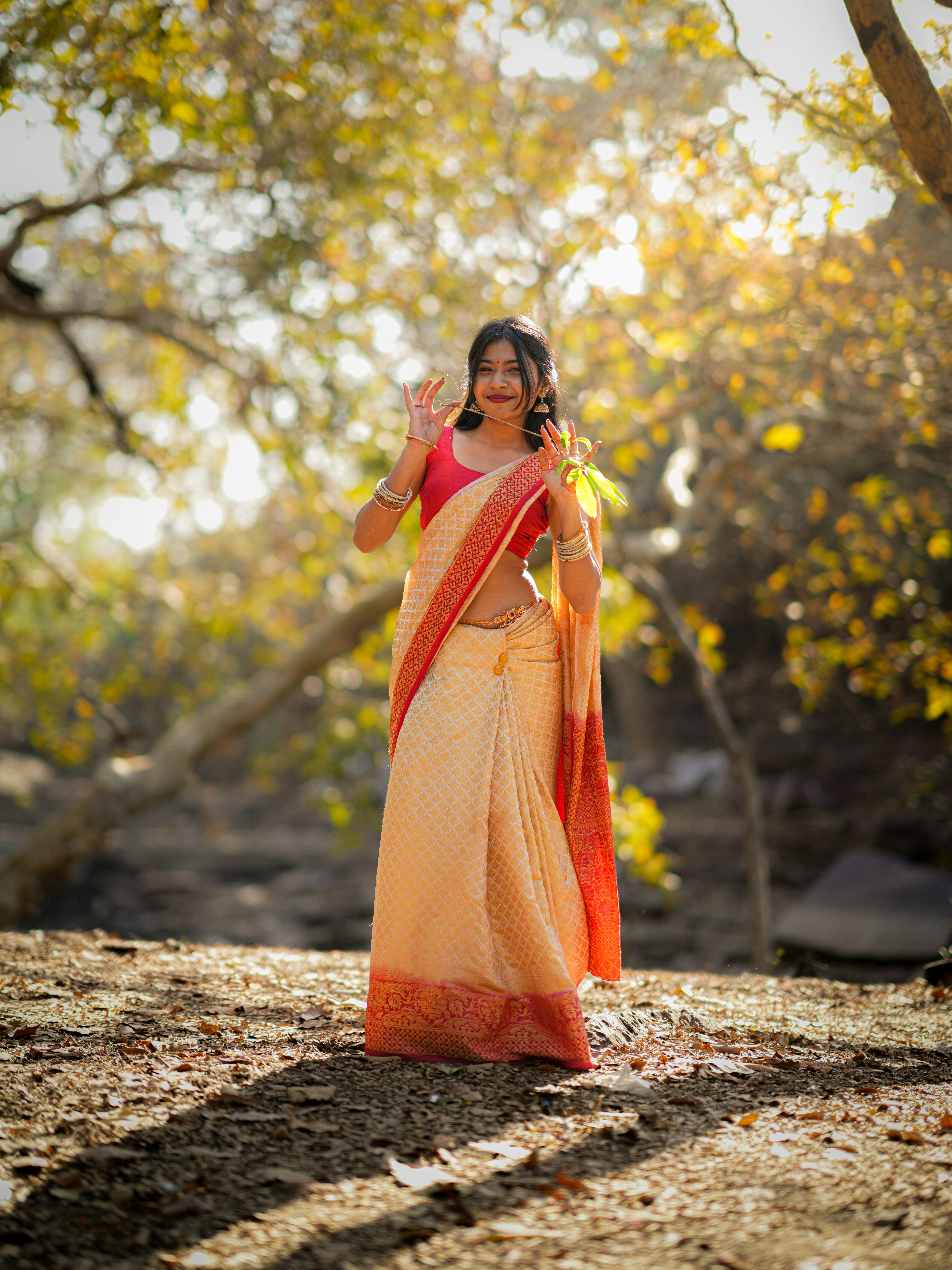 Graceful Pose in Autumn Light: Woman in Traditional Saree Amid Sunlit Foliage