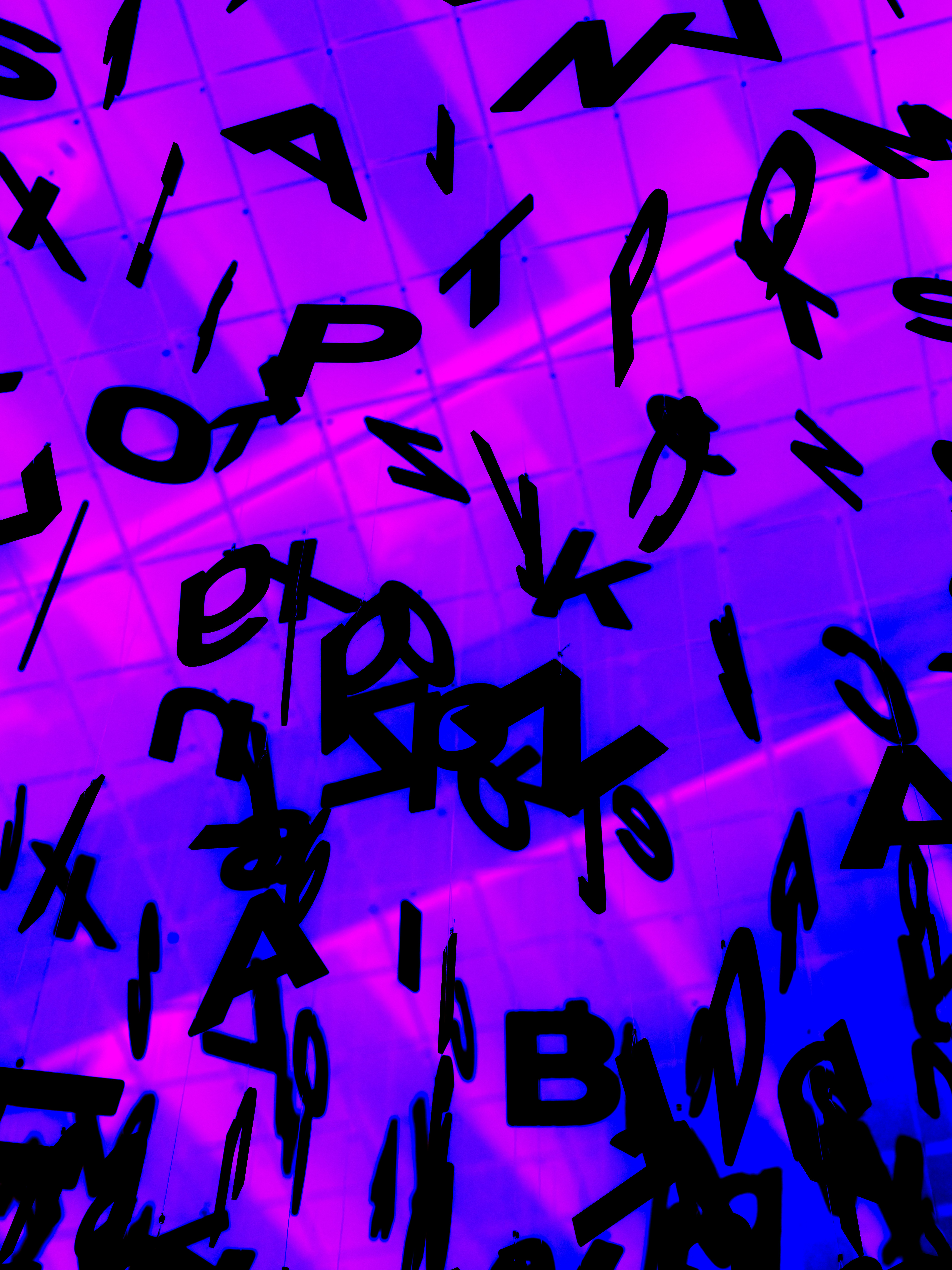 Chaotic Glyph Field Under Neon Grid