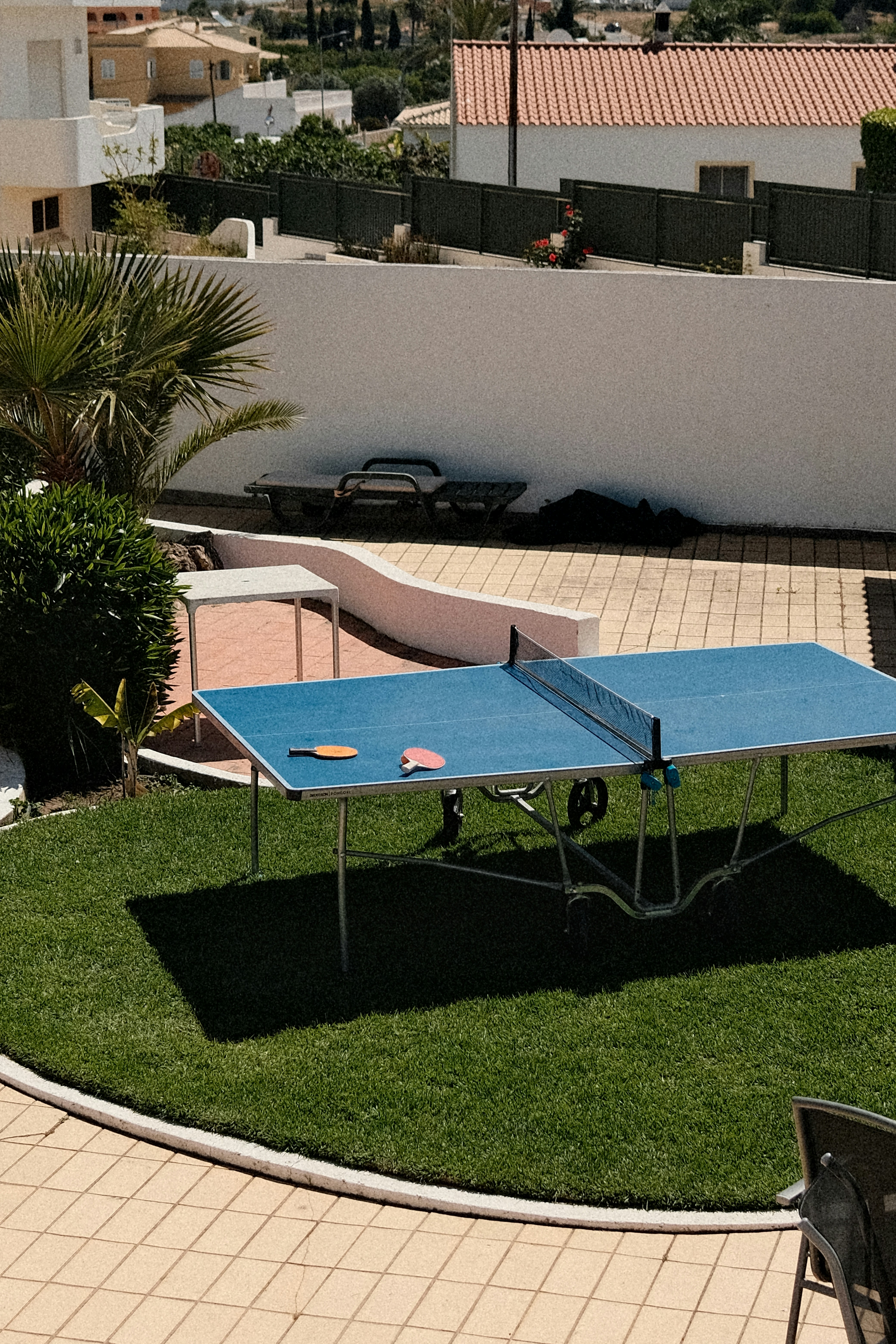 Blue Table Tennis Table in Sunlit Backyard
