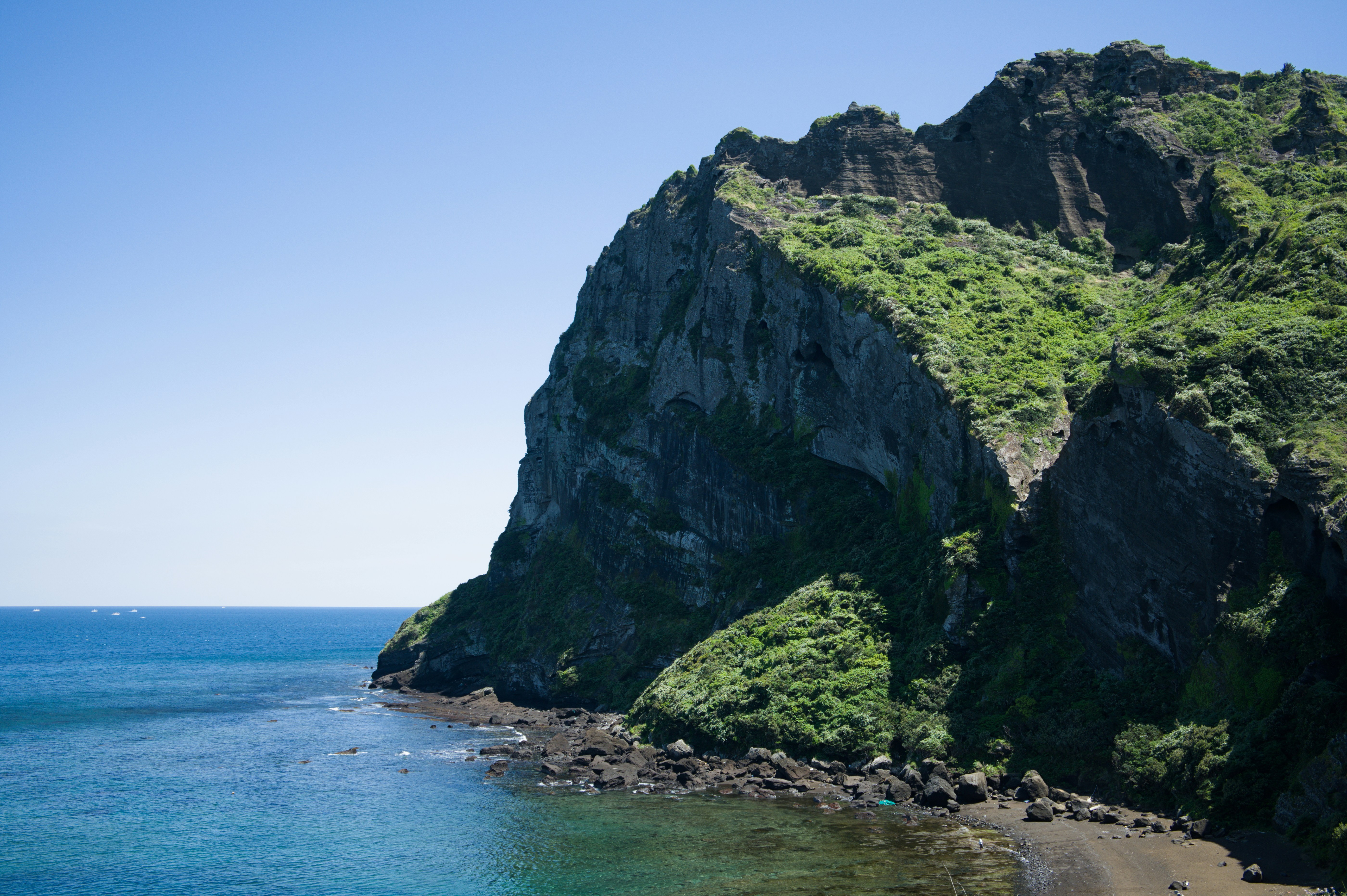 Green-cliff coastline meeting a calm blue horizon