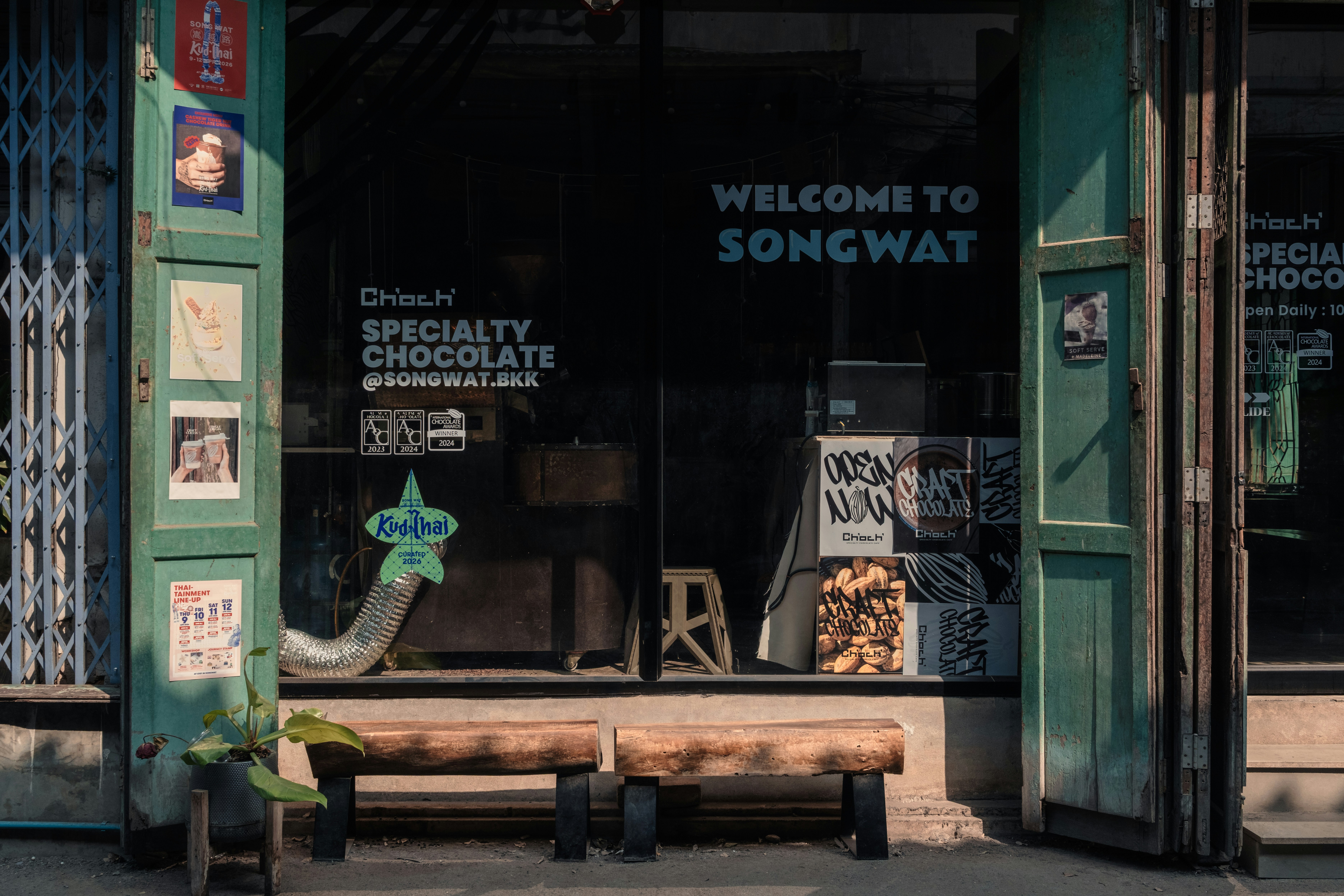 Open Doors to a Quiet Café of Chocolate and Wood