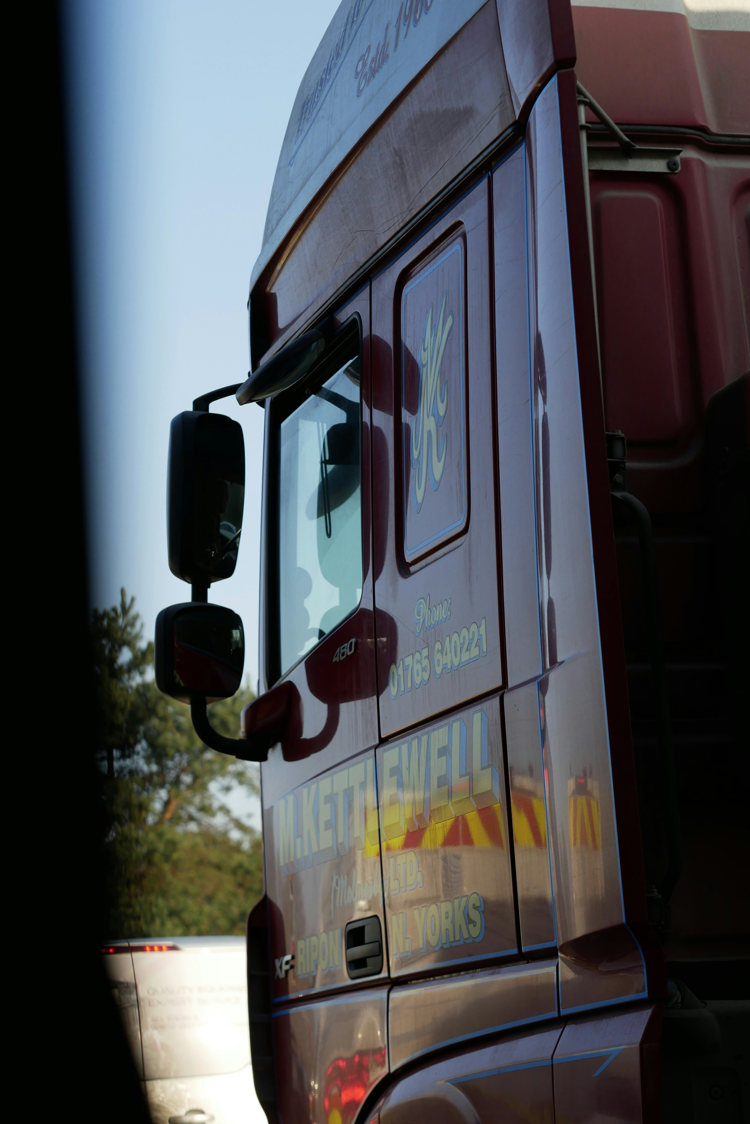 Close-up of a magenta truck cab with side mirror and logo reflections
