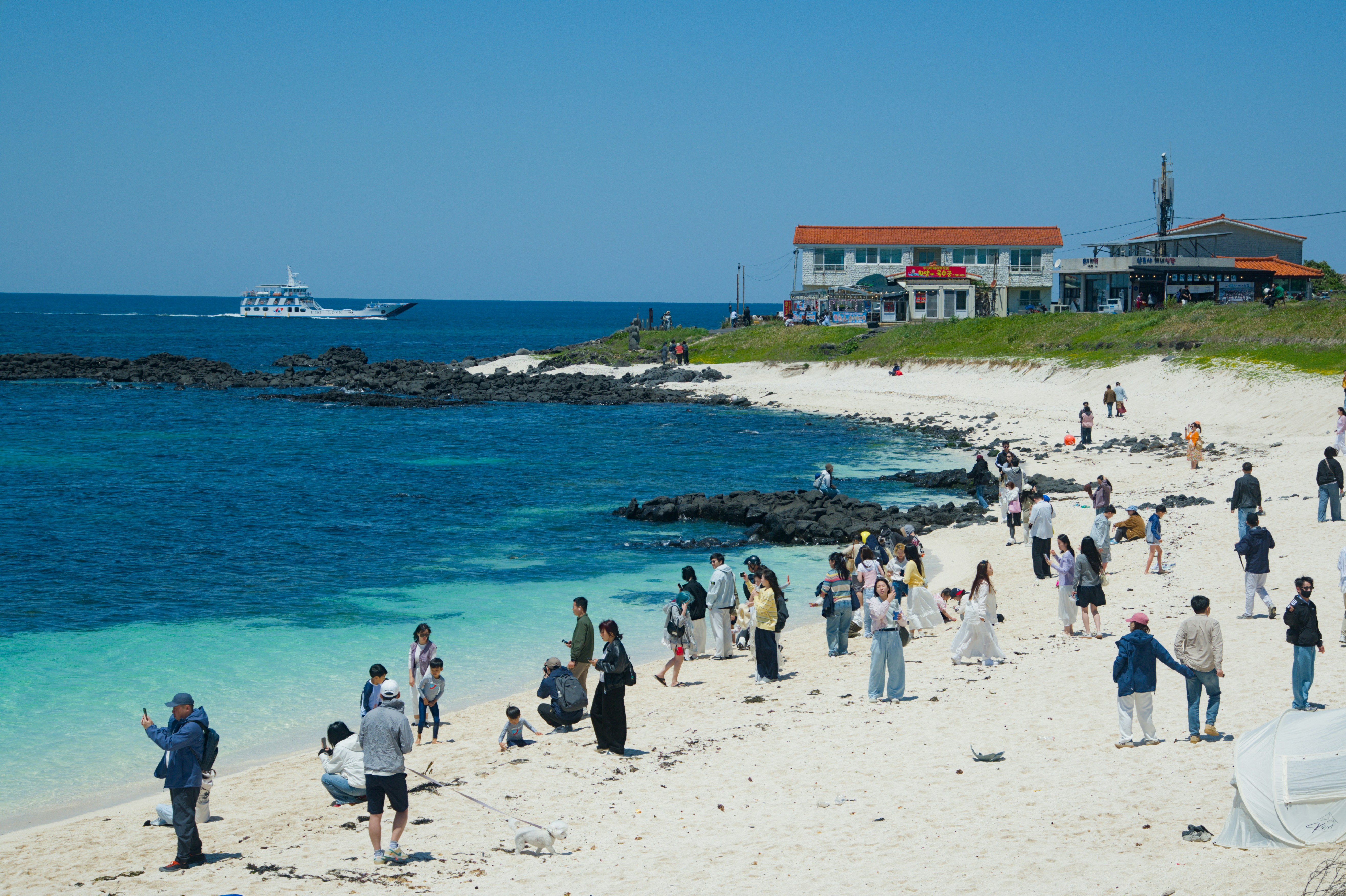 Crowds Along a Sunlit Coral Beach with Sea-Waced Buildings in the Background