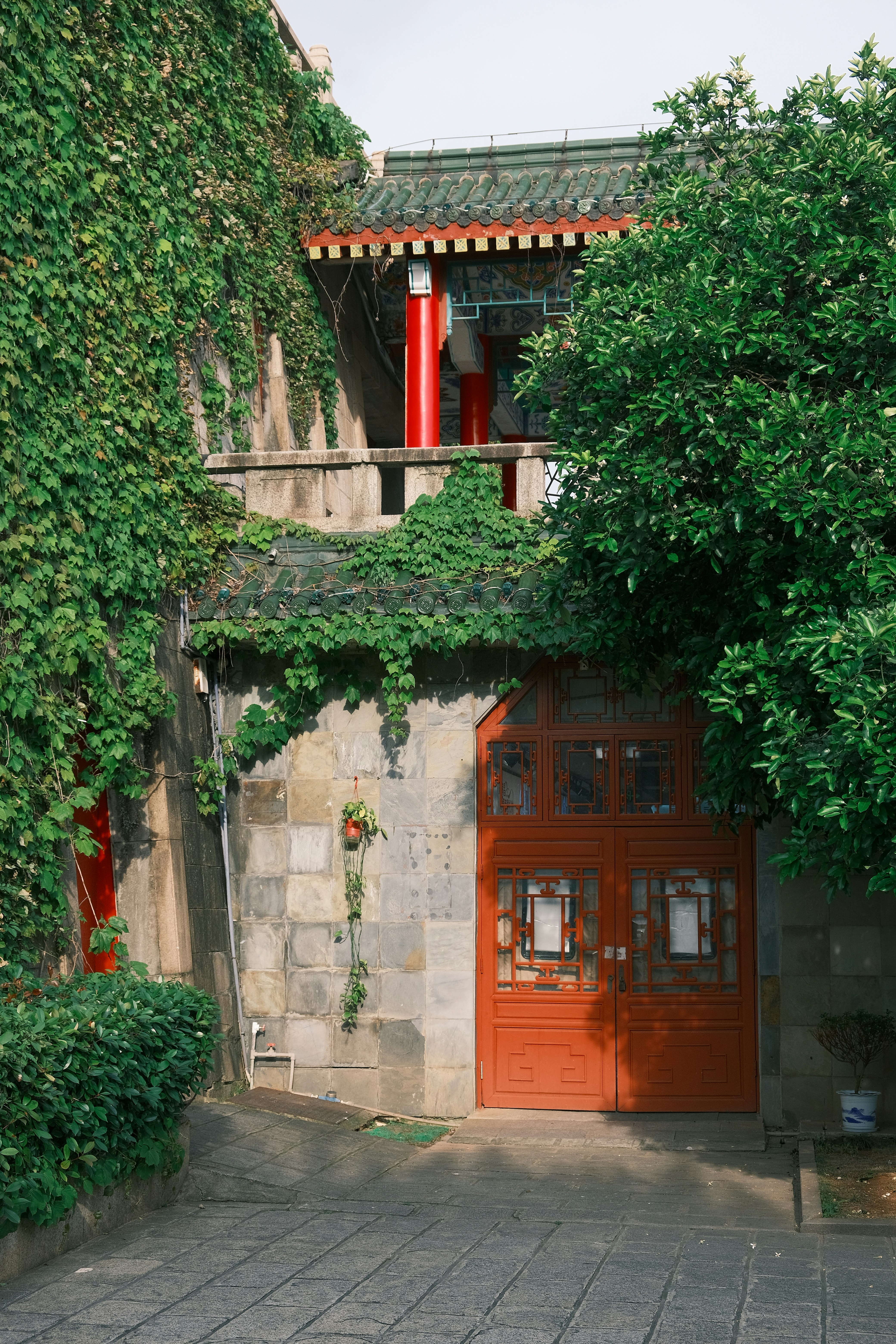 Crimson Door Among Ivy and Stone