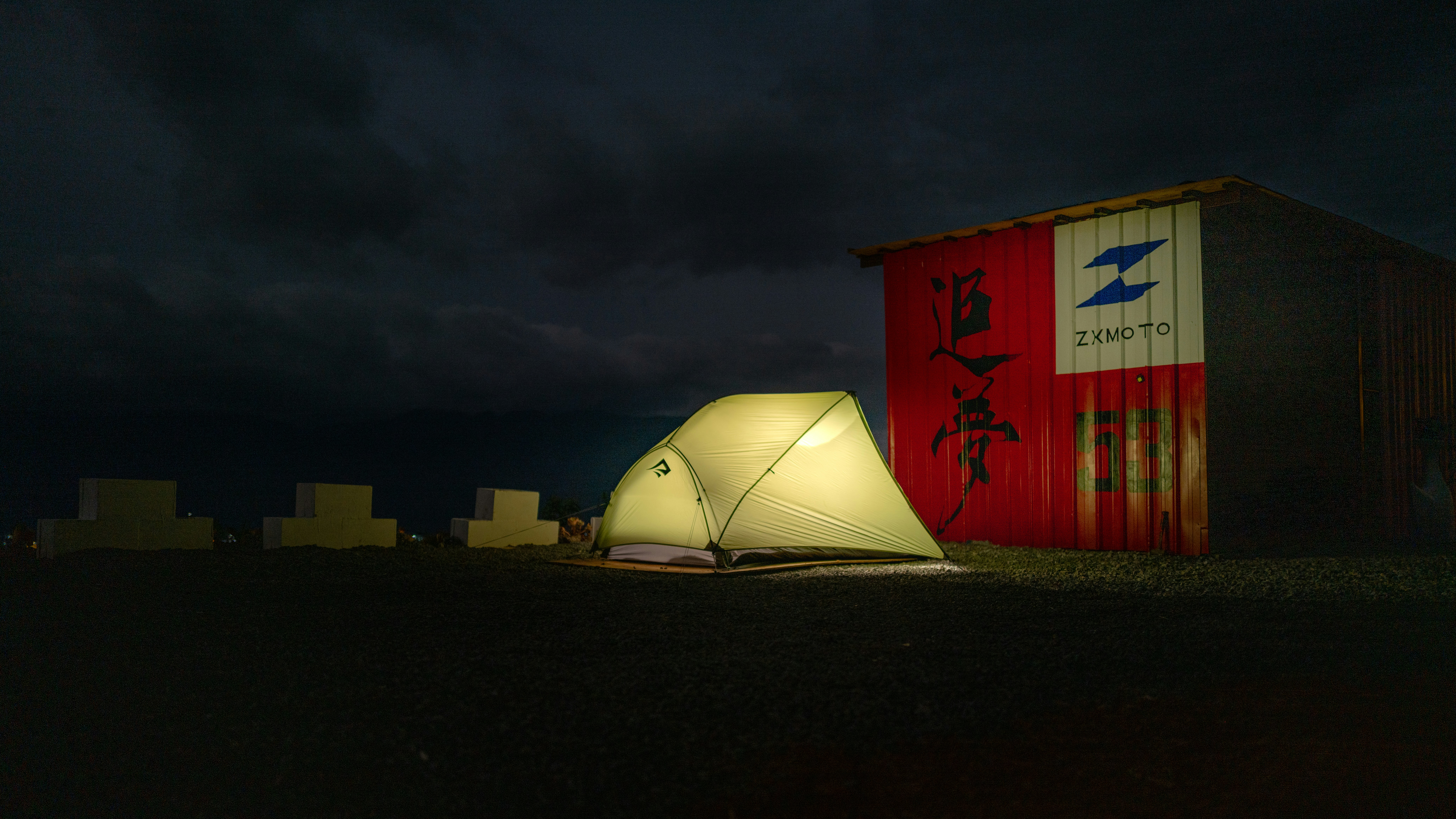 Silent Camp at Dusk by the Neon Shed
