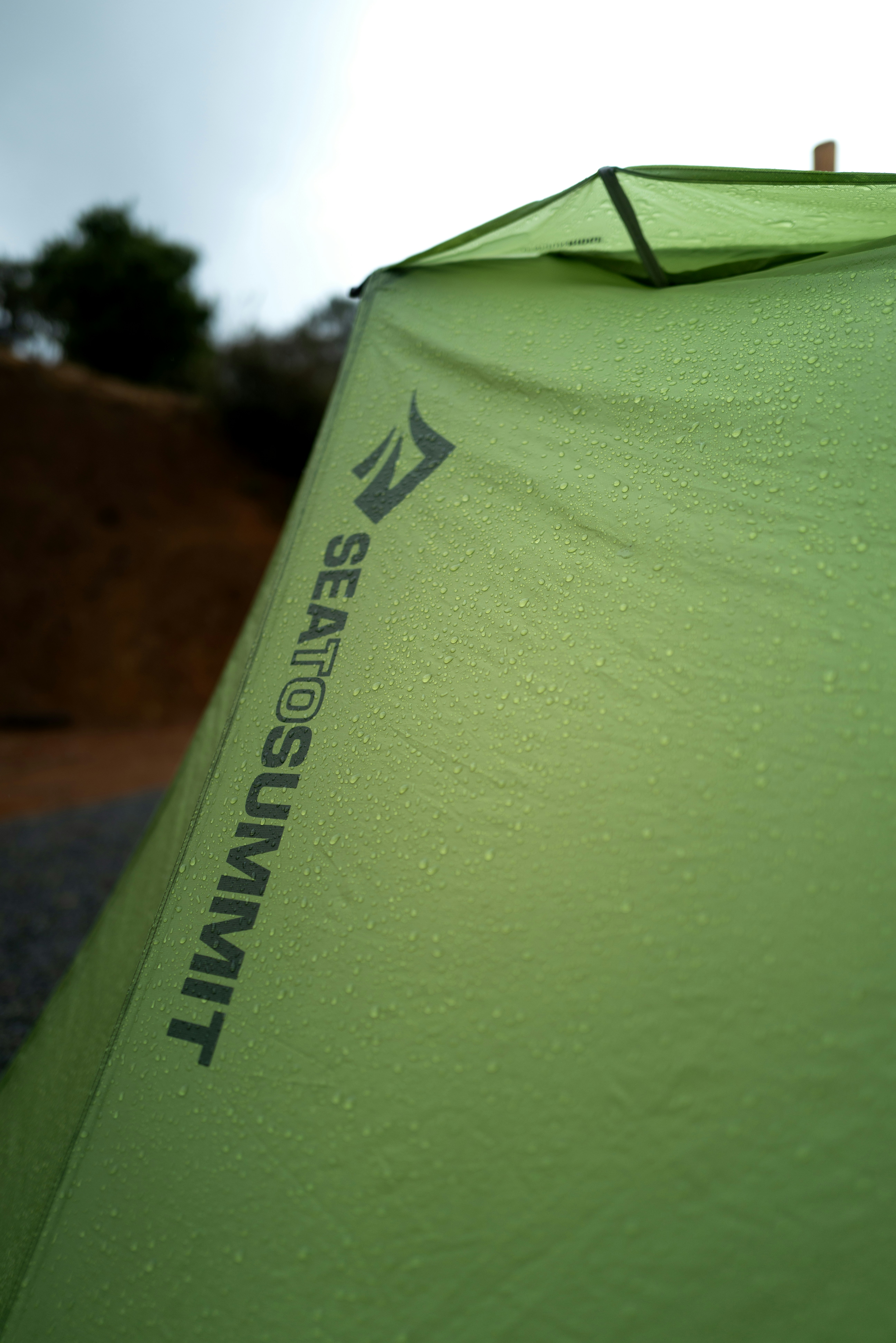 Emerald Shelter: A Raindrop-Dusted Tent in Focus