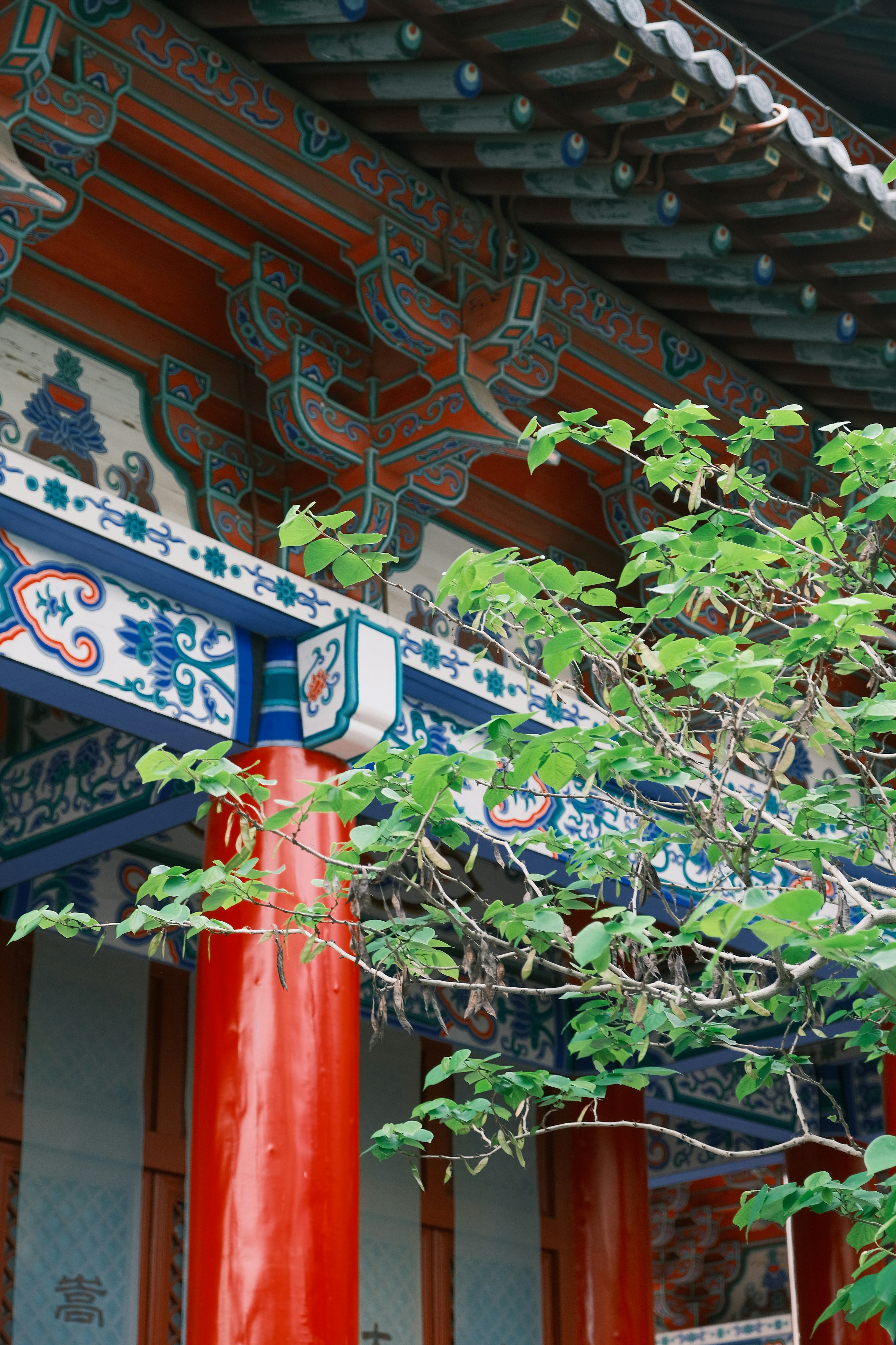 Crimson Columns Beneath Ornate Eaves and Verdant Foliage