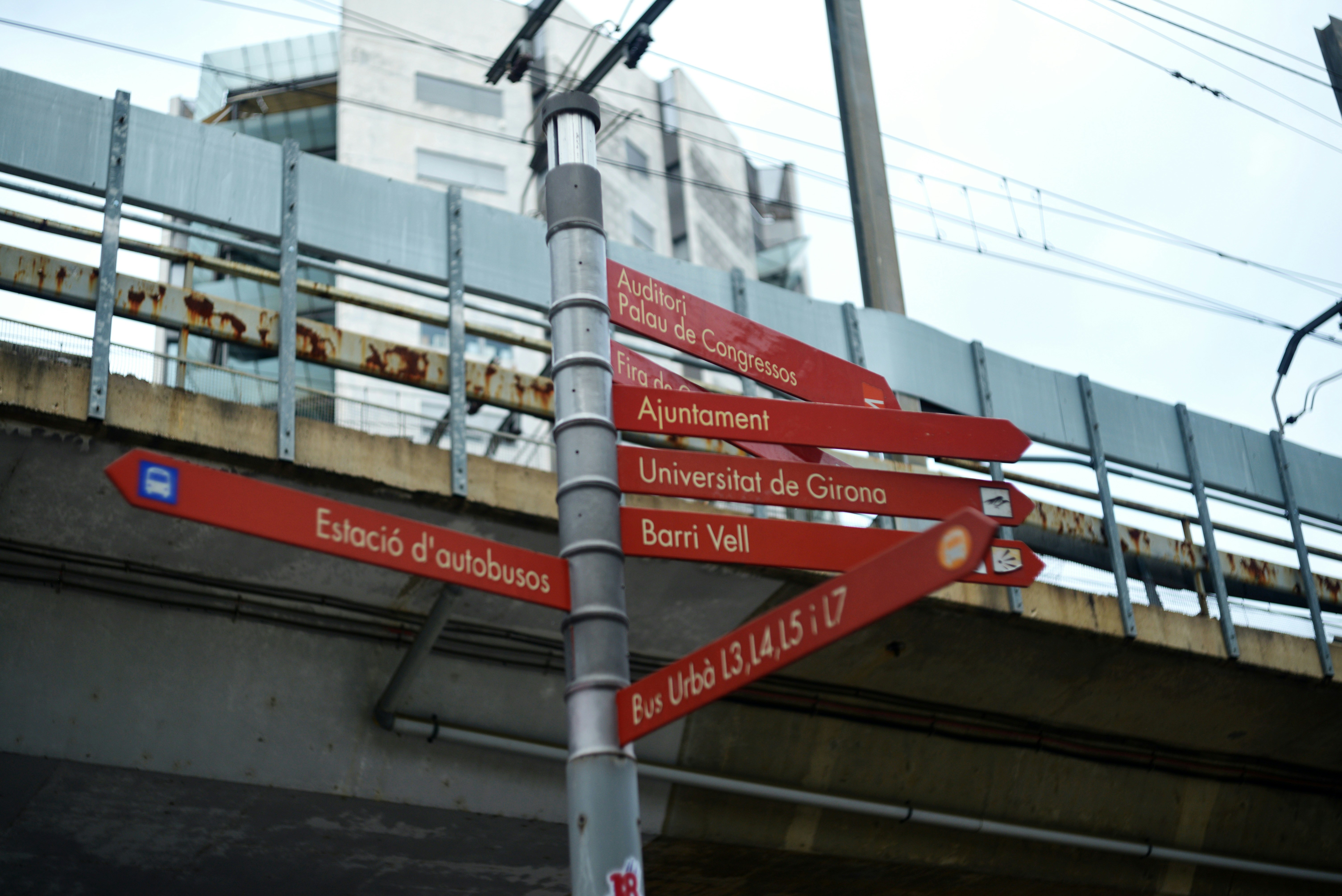 Red Signpost Constellation under Urban Overpass