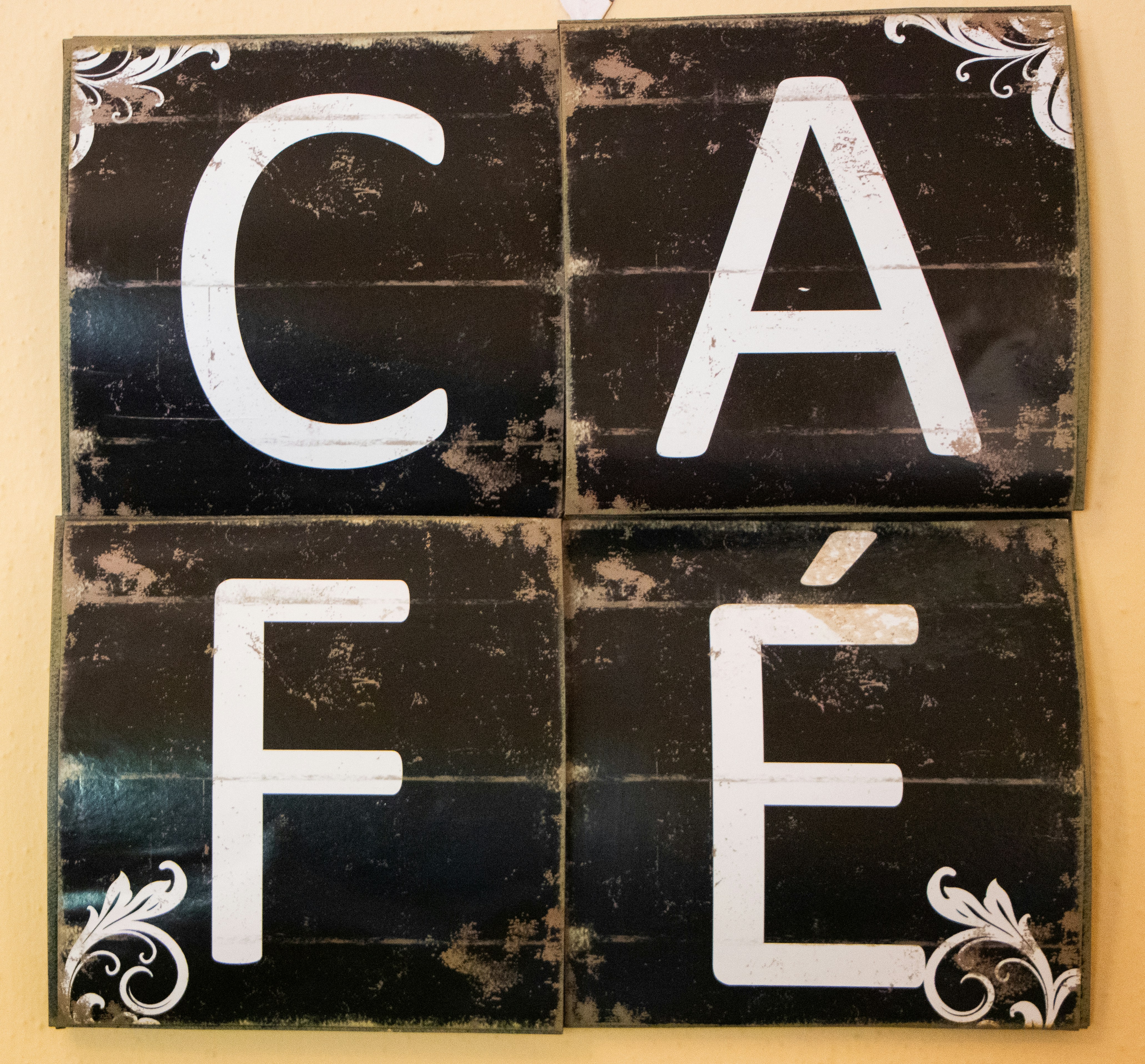 Letter Tiles in a 2x2 Panel: CAFÉ Signage with Distressed Texture