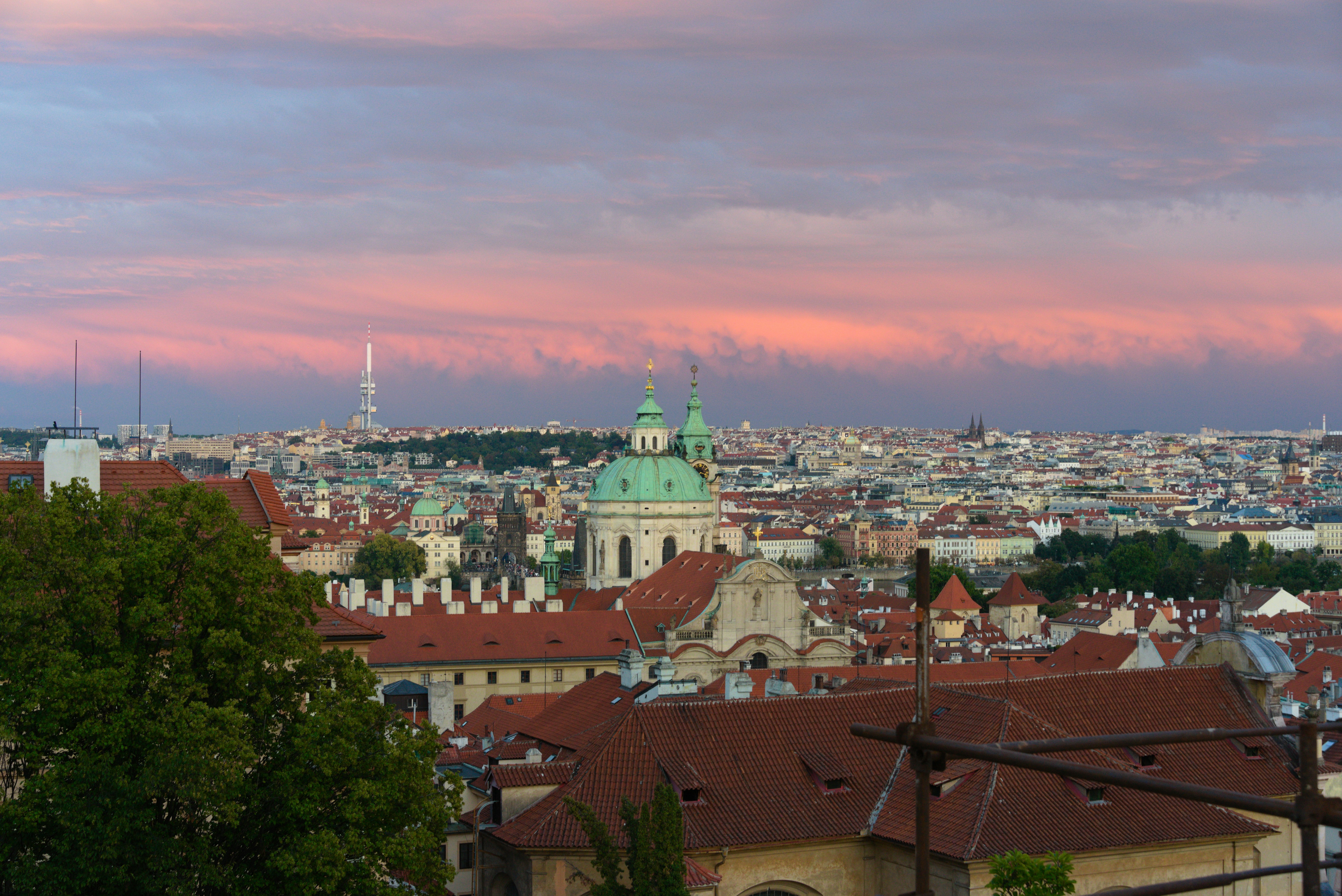 Green domes over red rooftops: Prague’s twilight panorama