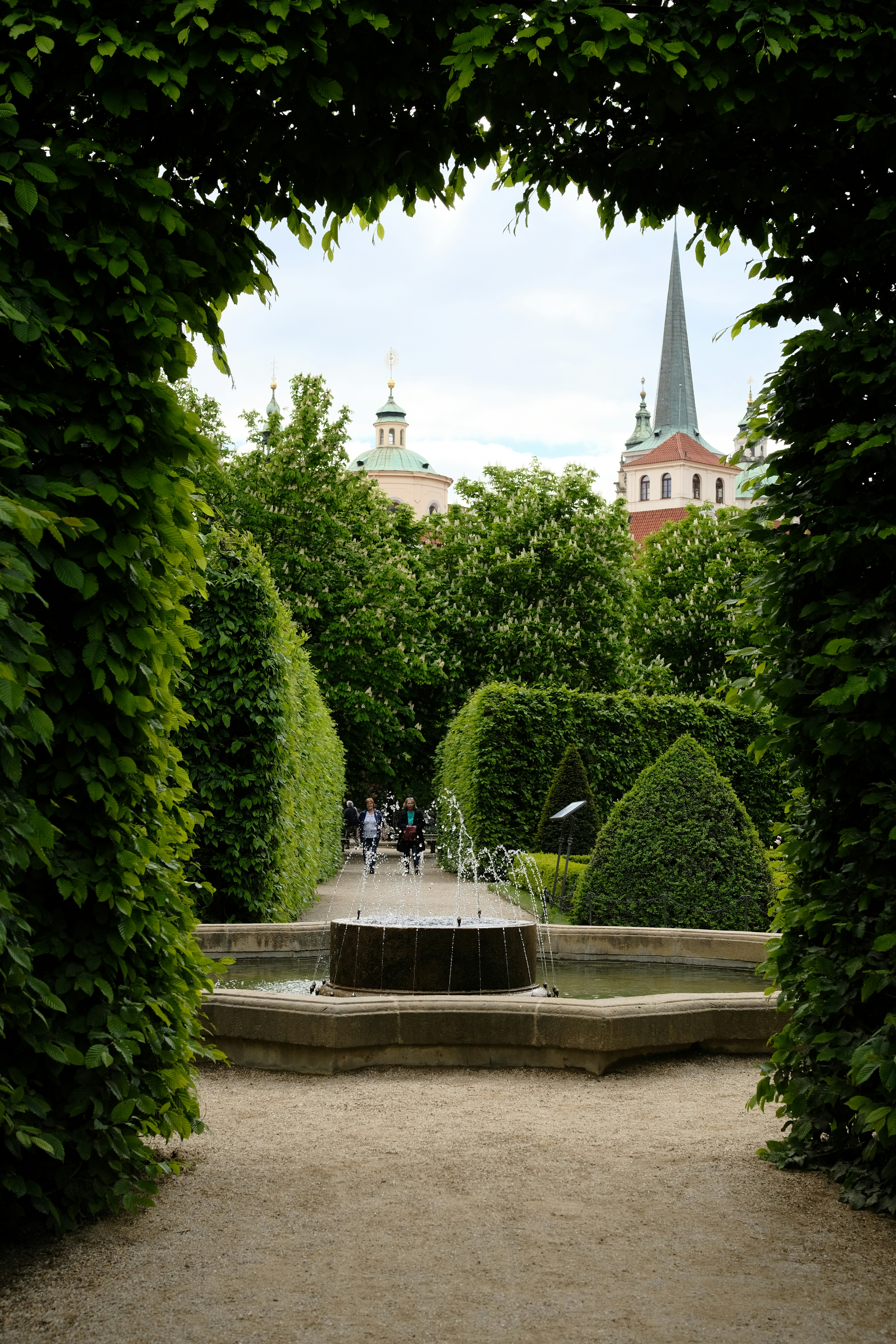 Framed in Green: A Fountain Vista Surrounded by Topiary Archways