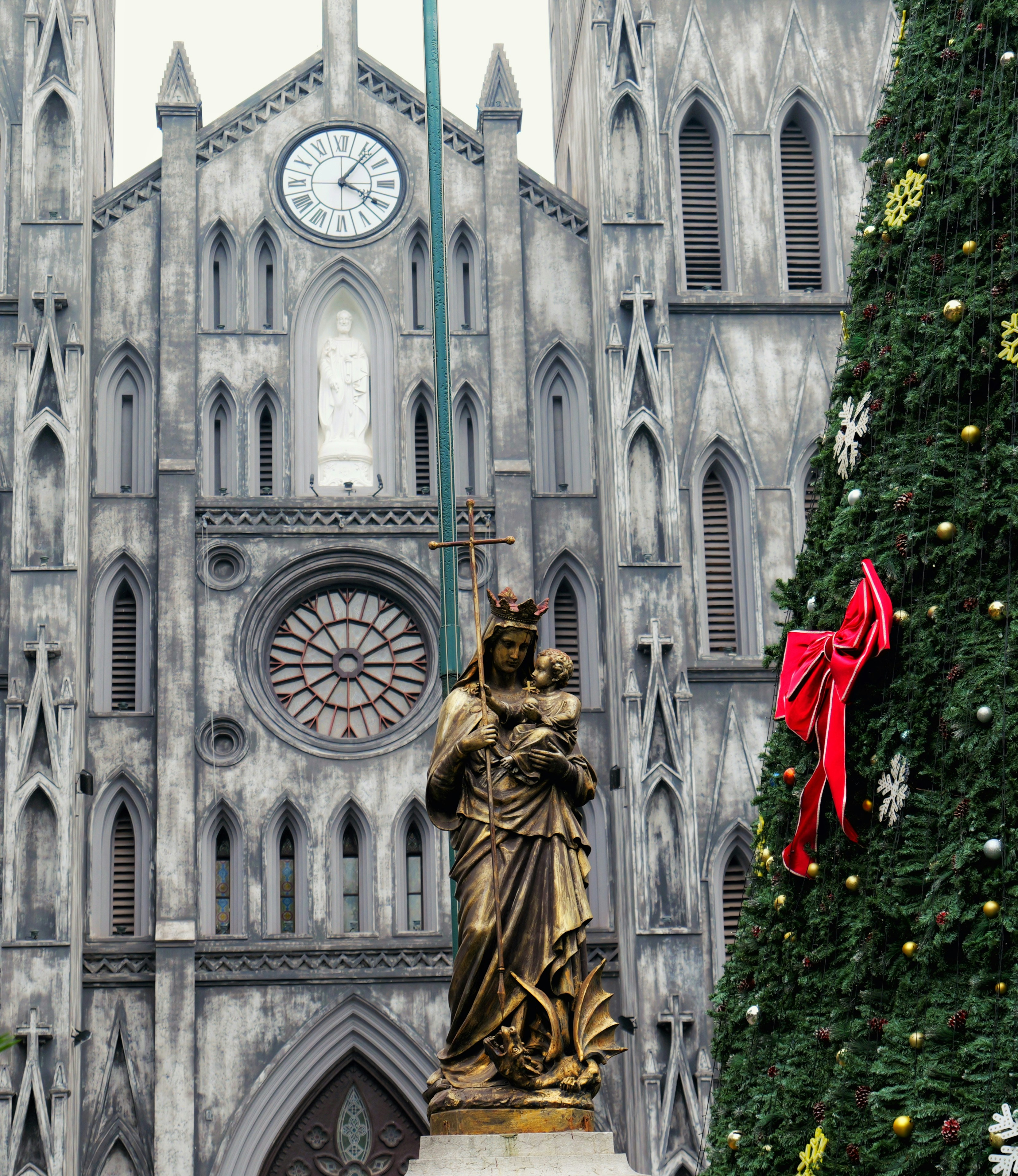 Statue at the Cathedral Façade: Christmas Tree Framed by Gothic Arches