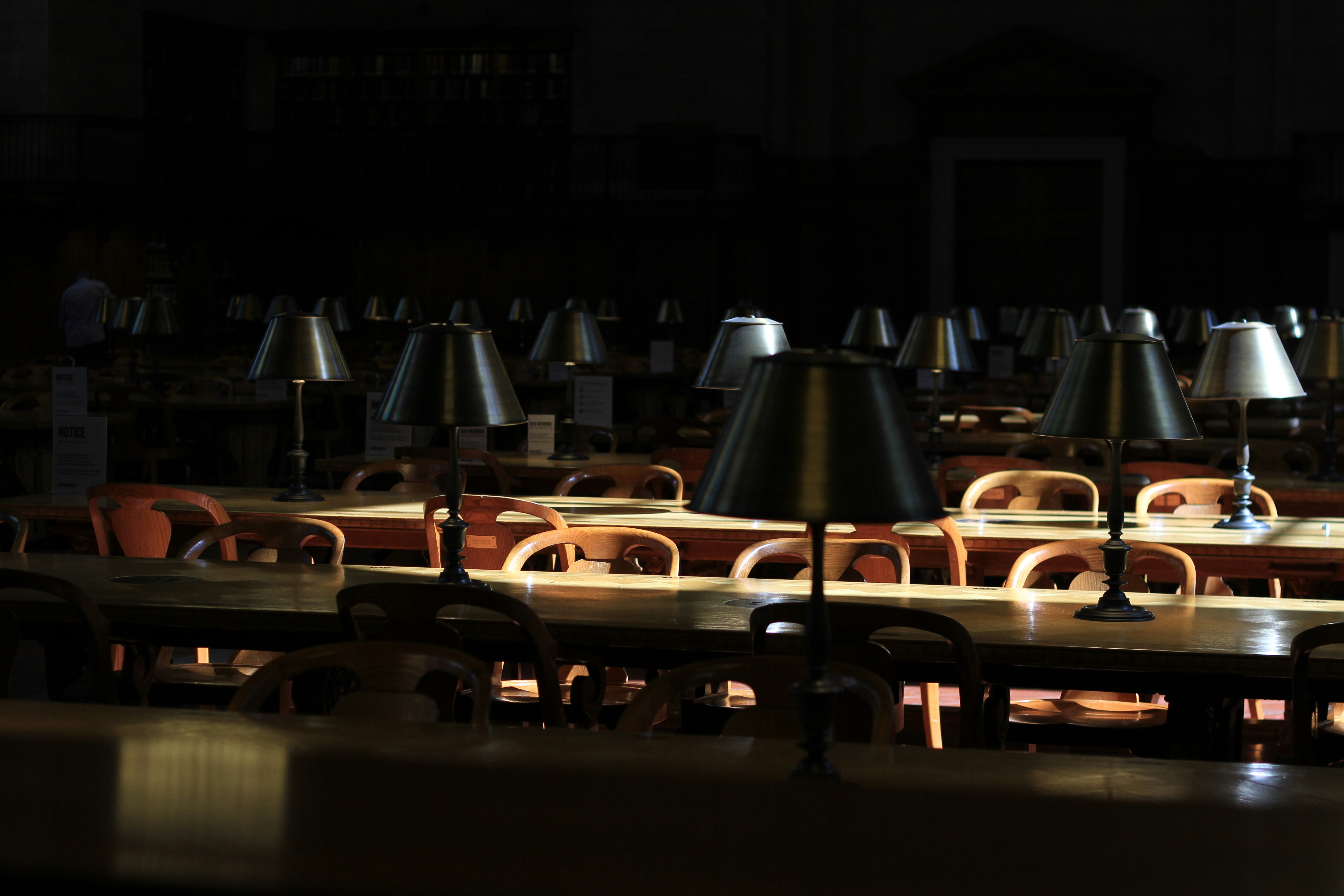 Midnight Library: Rows of Lamp-lit Desks in a Quiet Hall