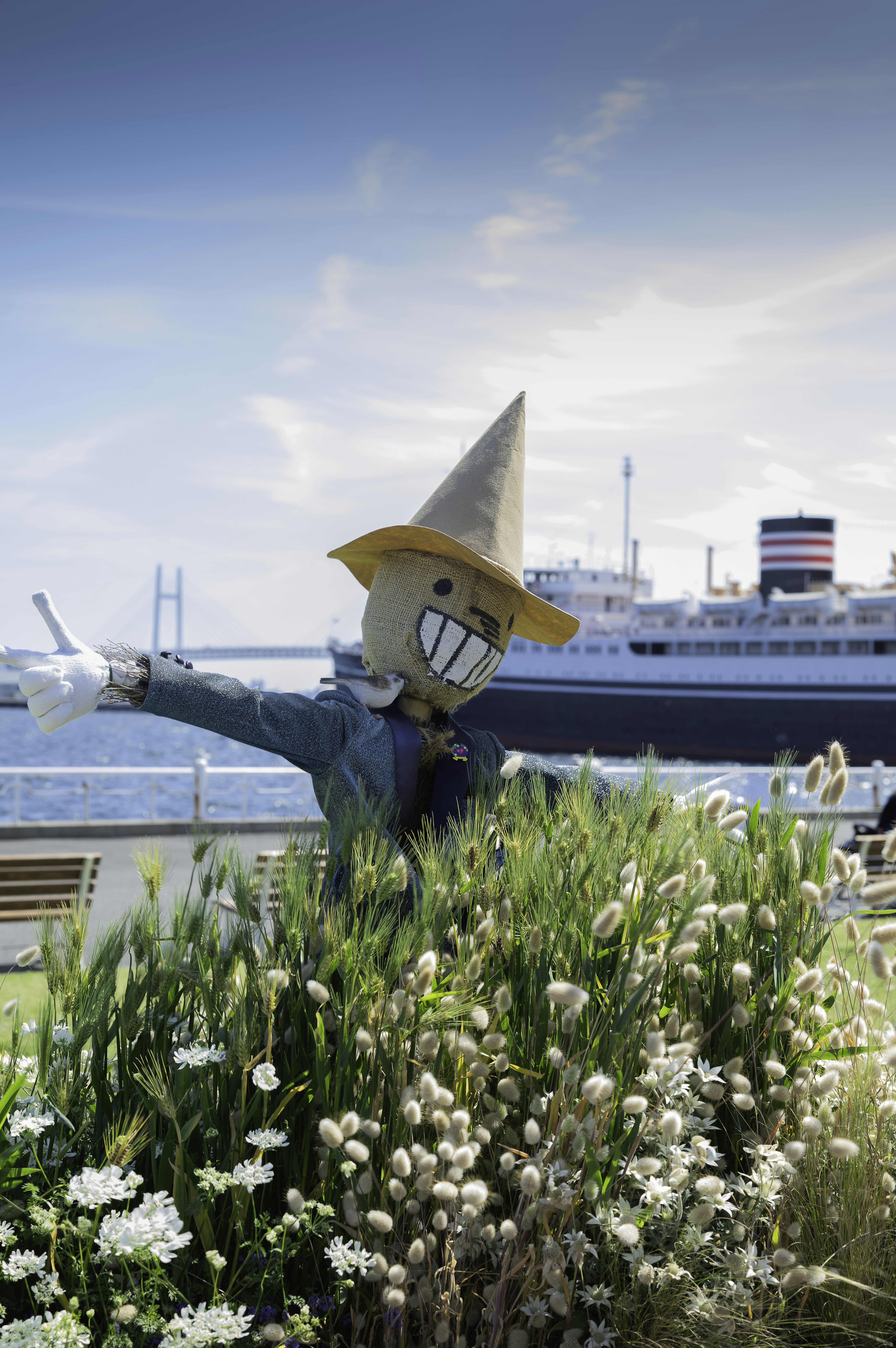 Garden Scout: A Whimsical Scarecrow Reaches Toward the Harbor