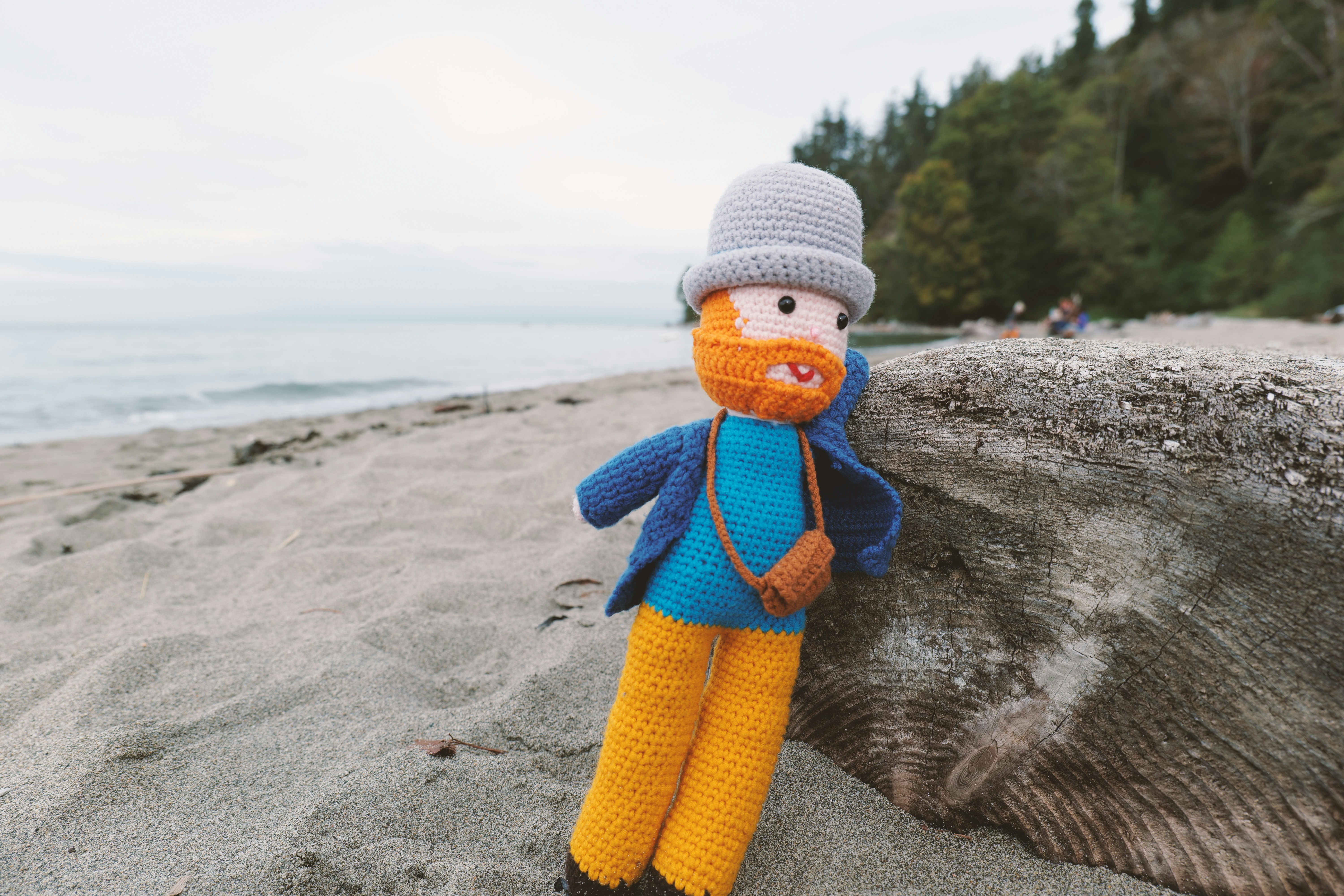 Knitted Adventurer on the Beach Log