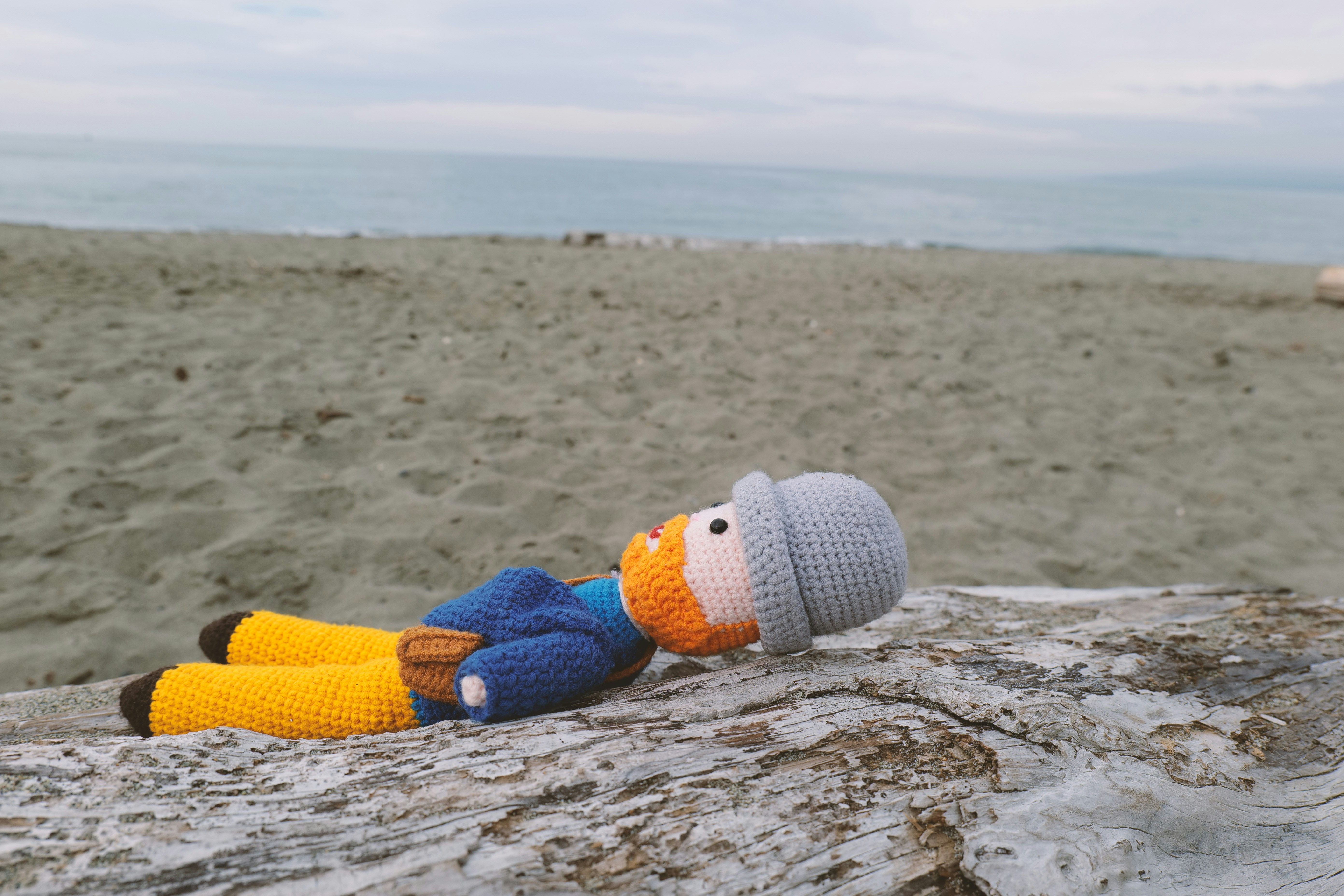 Lonesome Amigurumi on Driftwood at a Quiet Shore