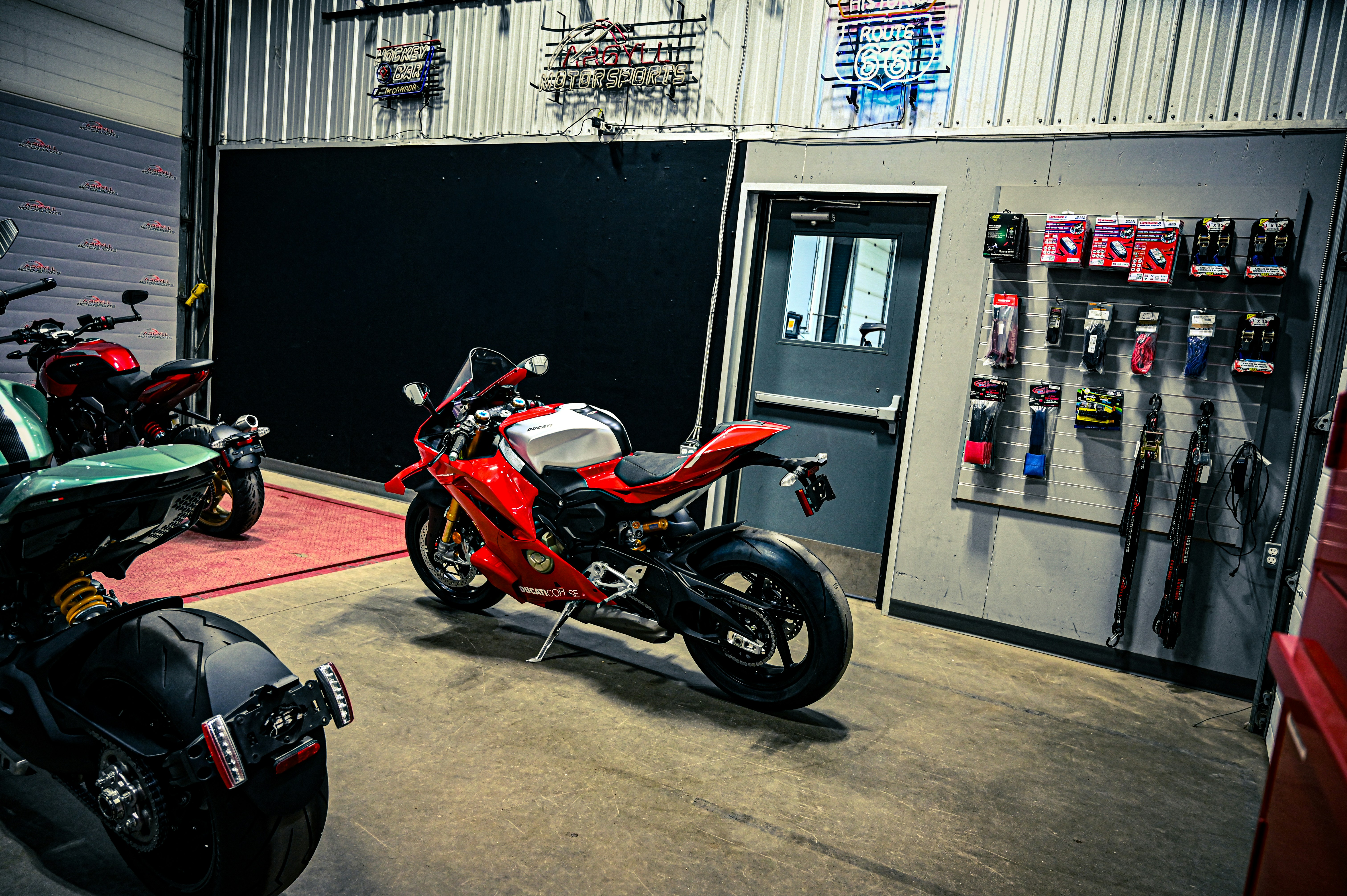 Red Sportbike Centerstage in a Tidy Garage