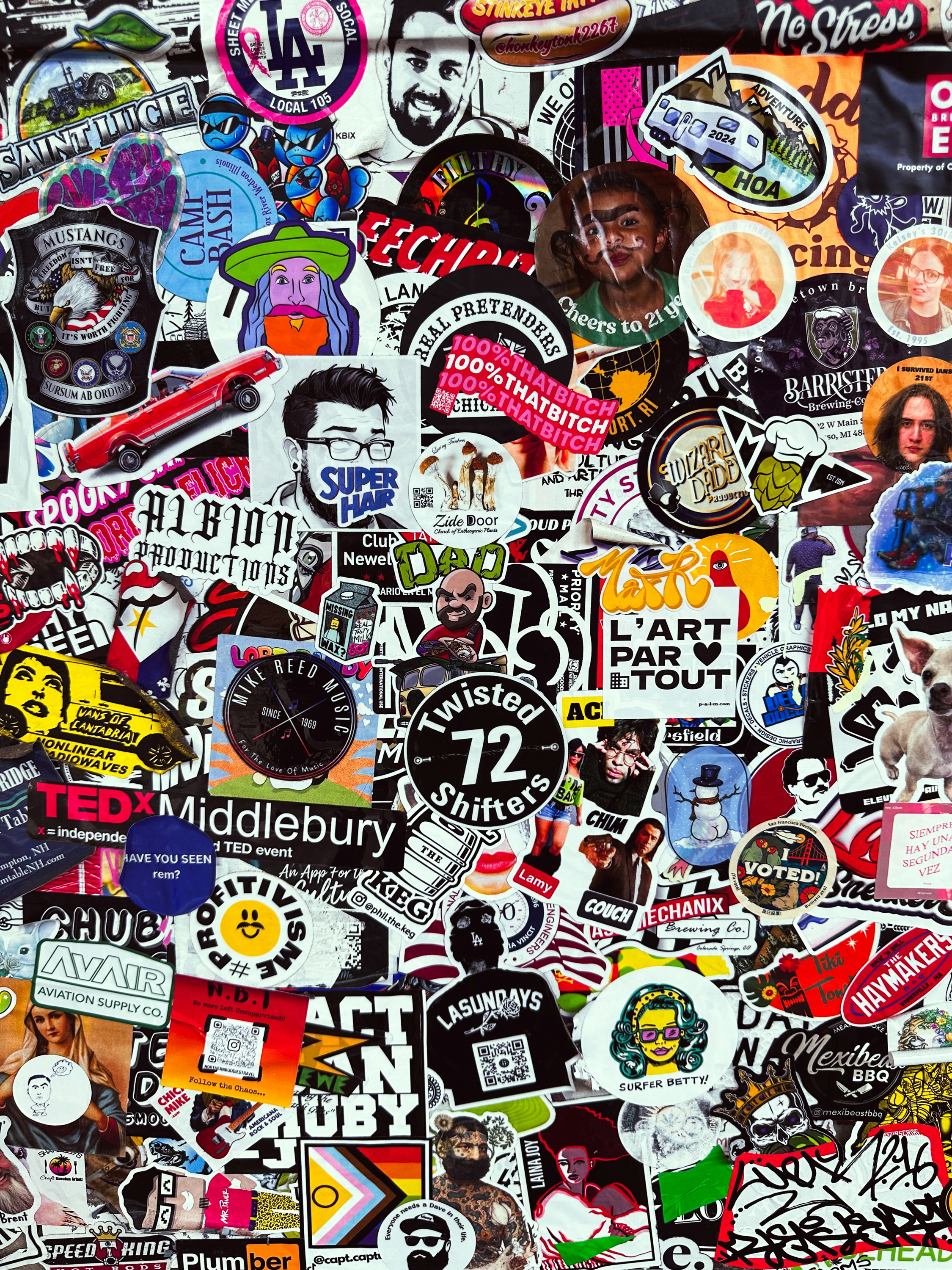 Sticker Mosaic: A Dense Patchwork of Pop-Culture Emblems