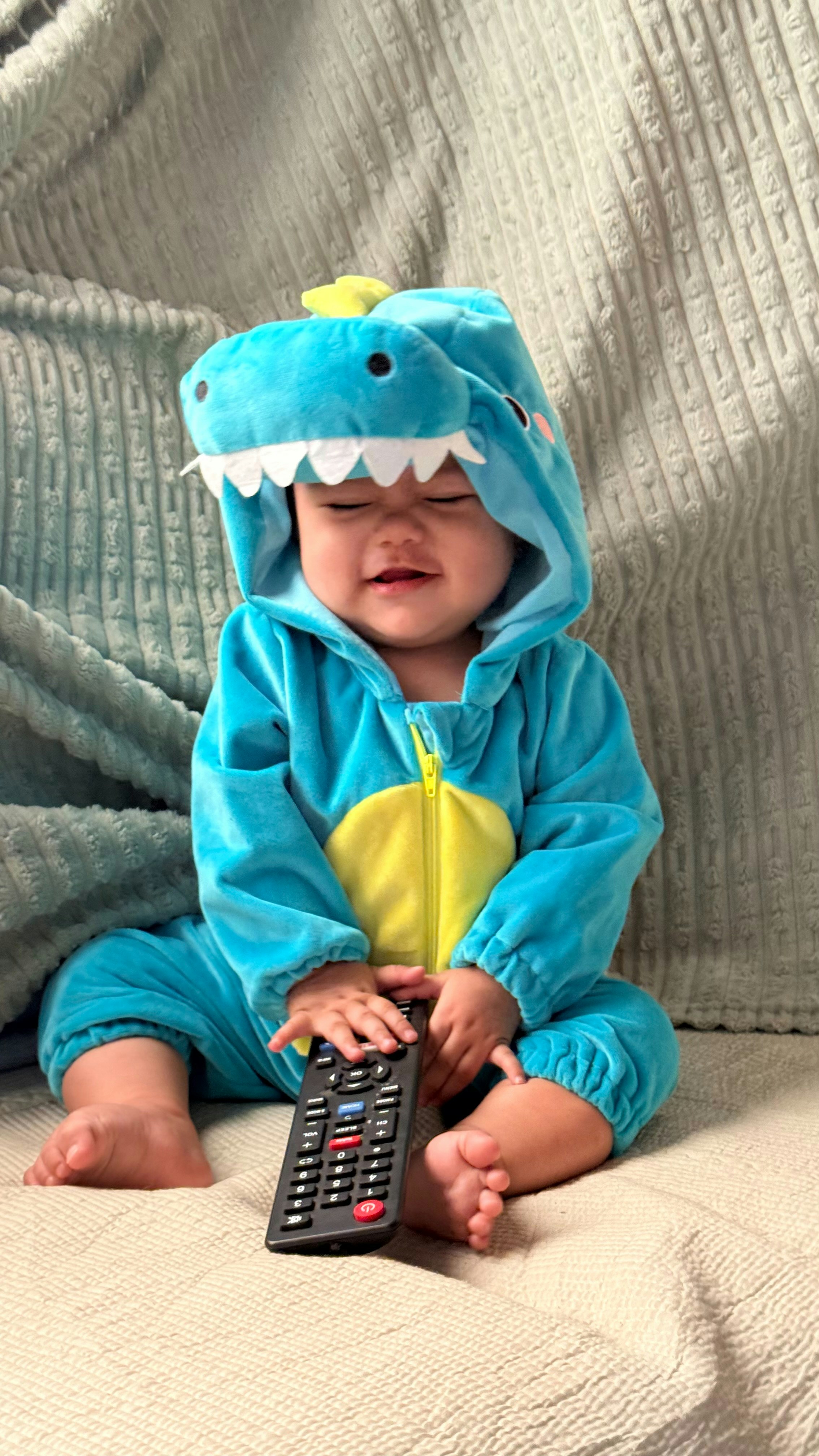 Tiny Dinosaur, Big Remote: Cozy Baby in a Shark Onesie Grasping the TV Remote