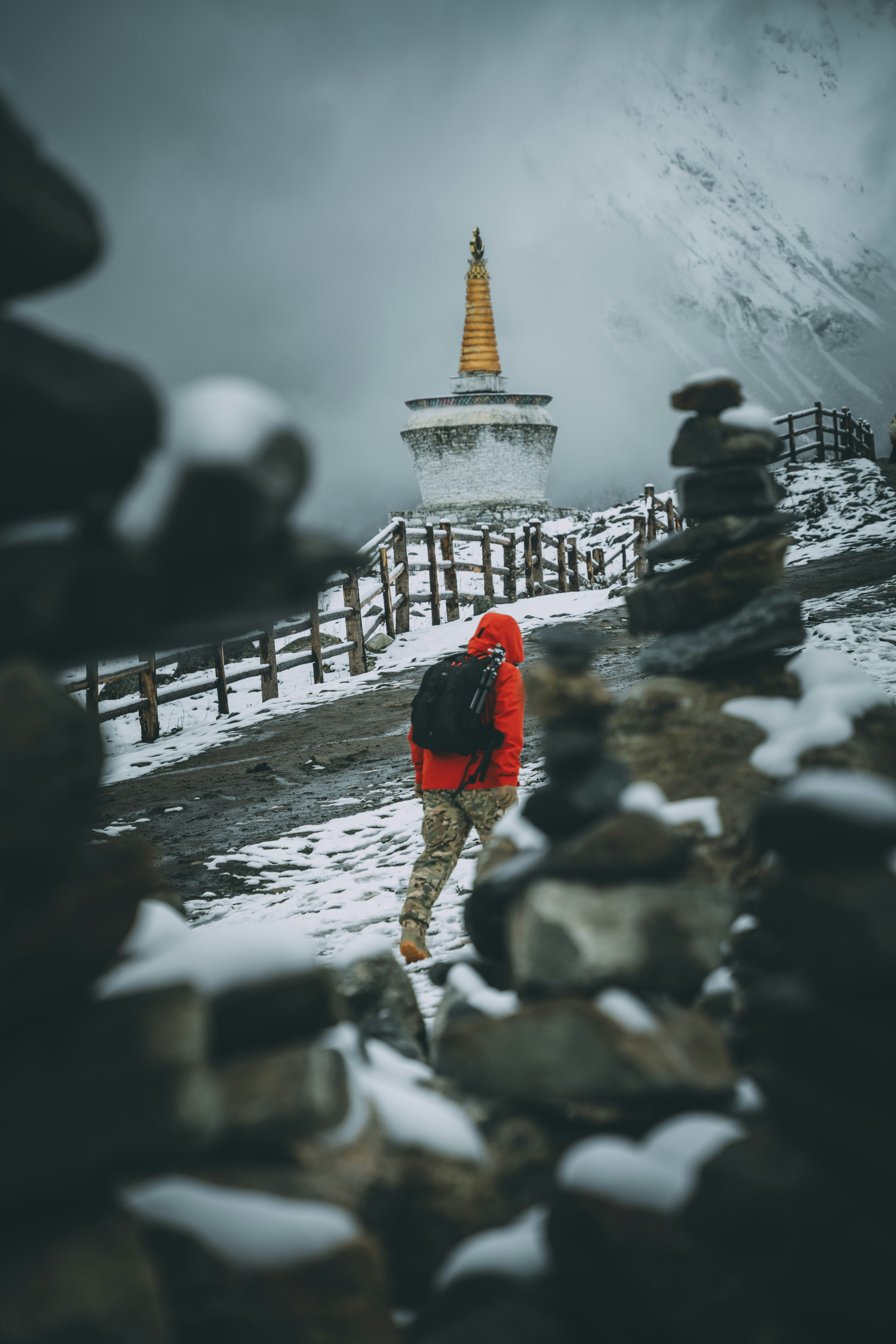 Red Clad Wanderer Before the Snow-Guarded Stupa