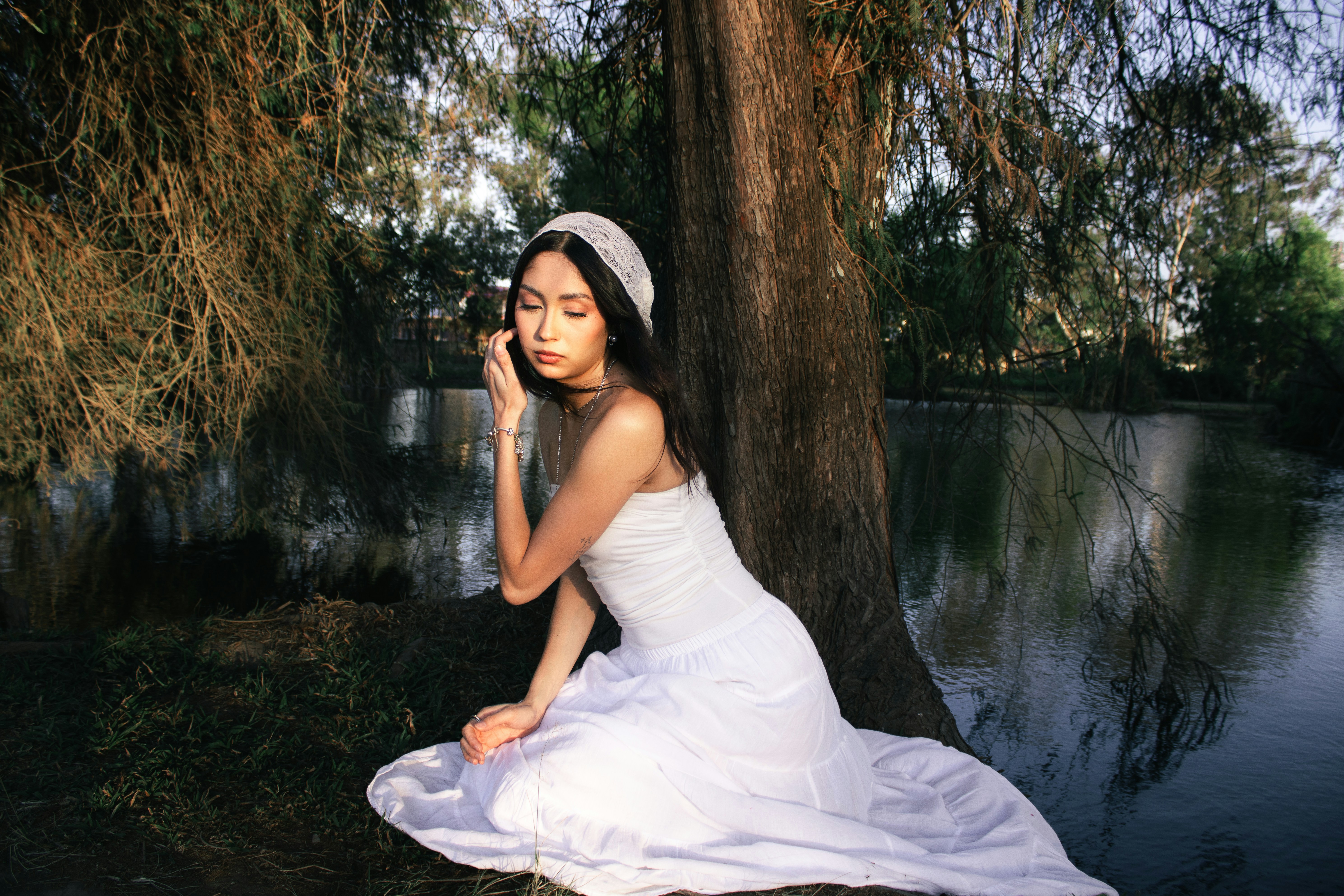 Serene Portrait by the Lake: White Dress Under the Willow