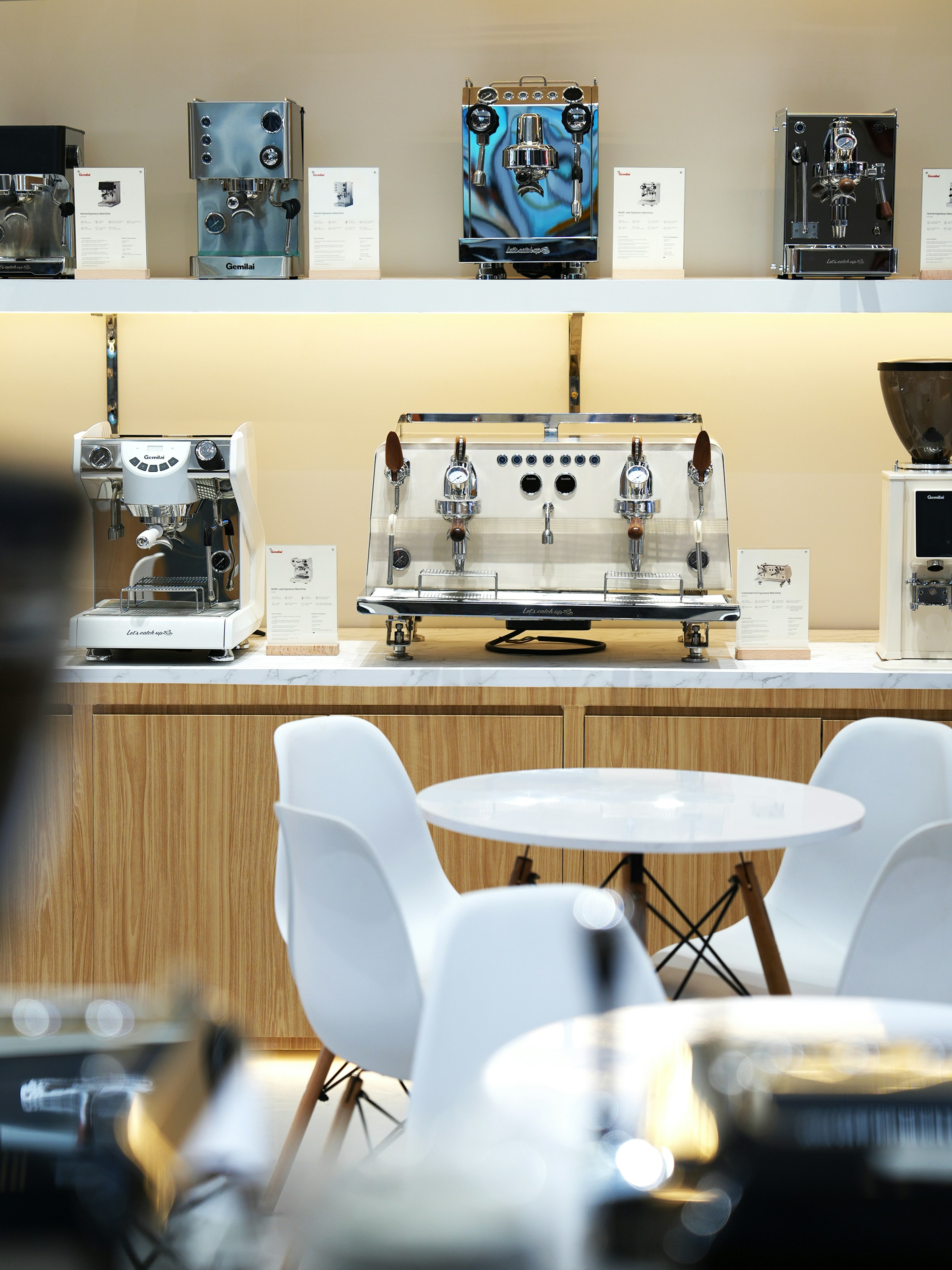 Steam and Steam: A Coffee Bar Display with Espresso Machines on a Warm Shelf