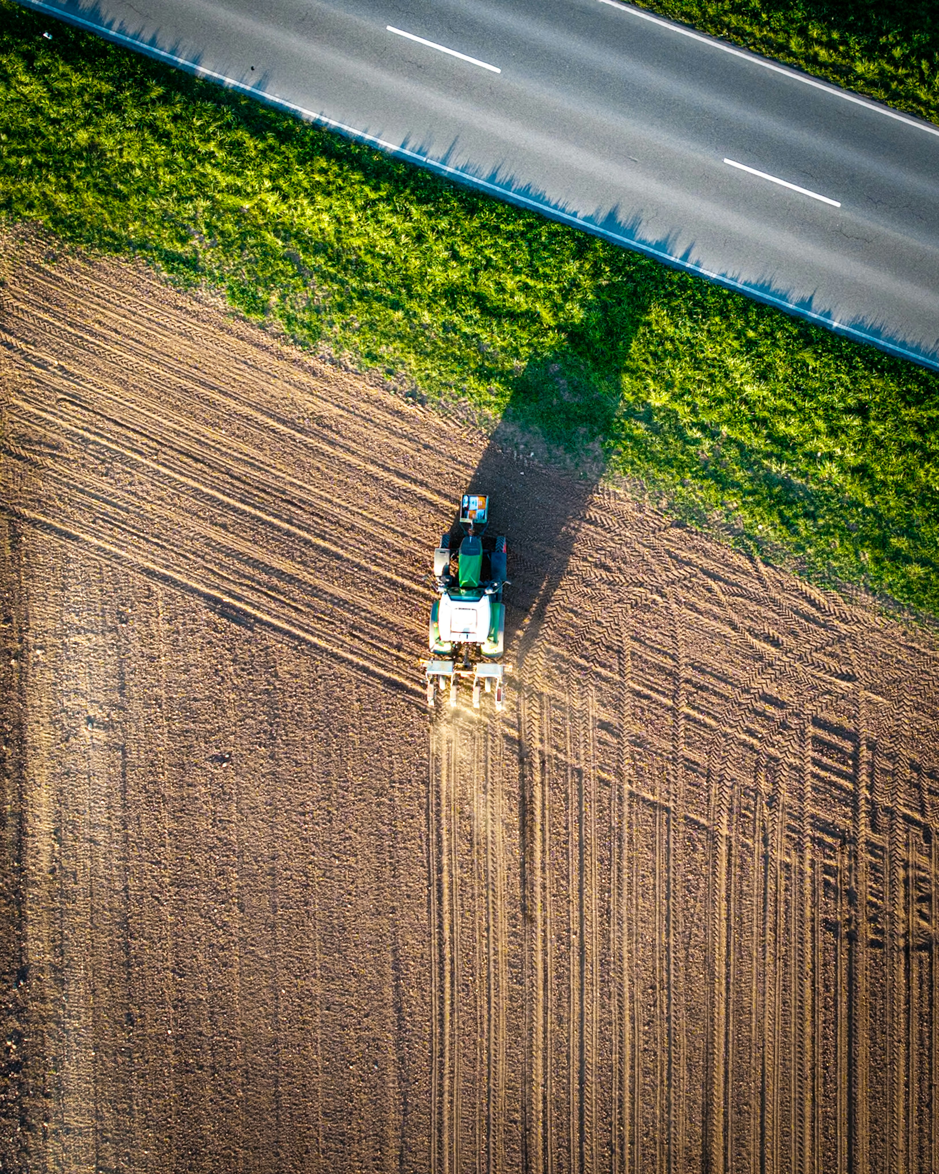 Tractor Trail: Aerial Harvest Over a Sunlit Field